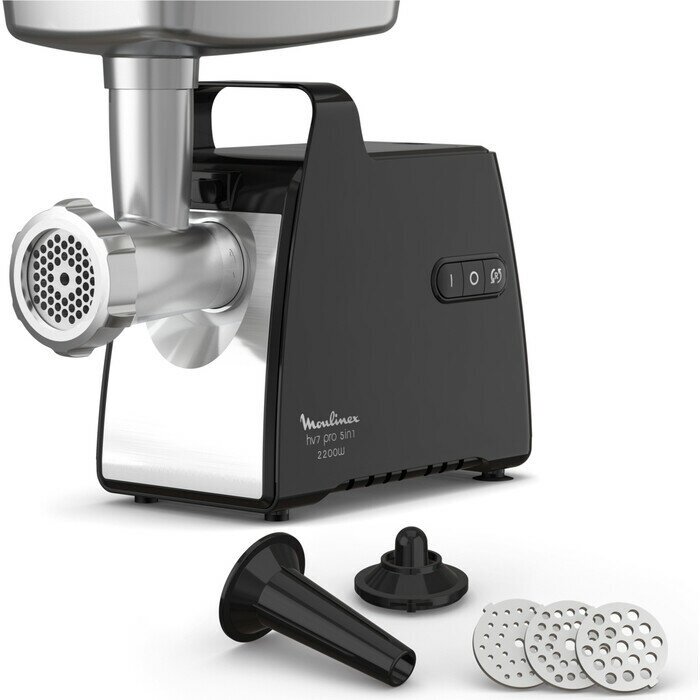 Мясорубка Moulinex ME556810, пластик/металл, 2200Вт, серебристый/черный, 3 перфорированных диска