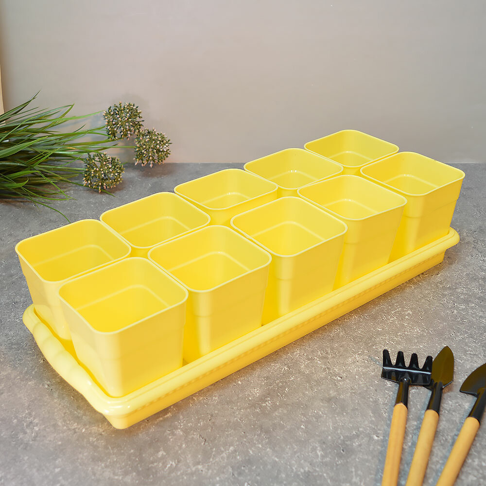 Ящик для рассады "Дом и Дача" на 10 стаканчиков 460 мл, с поддоном, желтый пластик