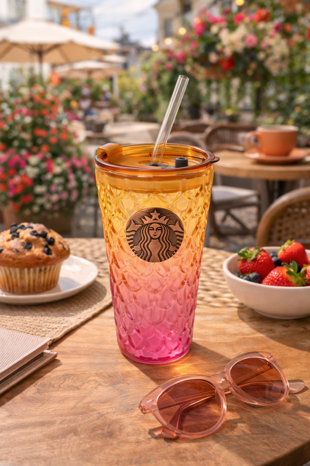 Стакан стеклянный Limited Edition, розово-желтый, стеклянная трубочка, пластиковая крышка, 500 мл