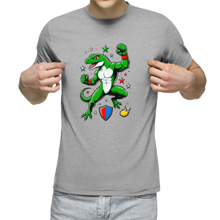 Мужская футболка «Ящерица-боец в атаке» (серый меланж, XL)