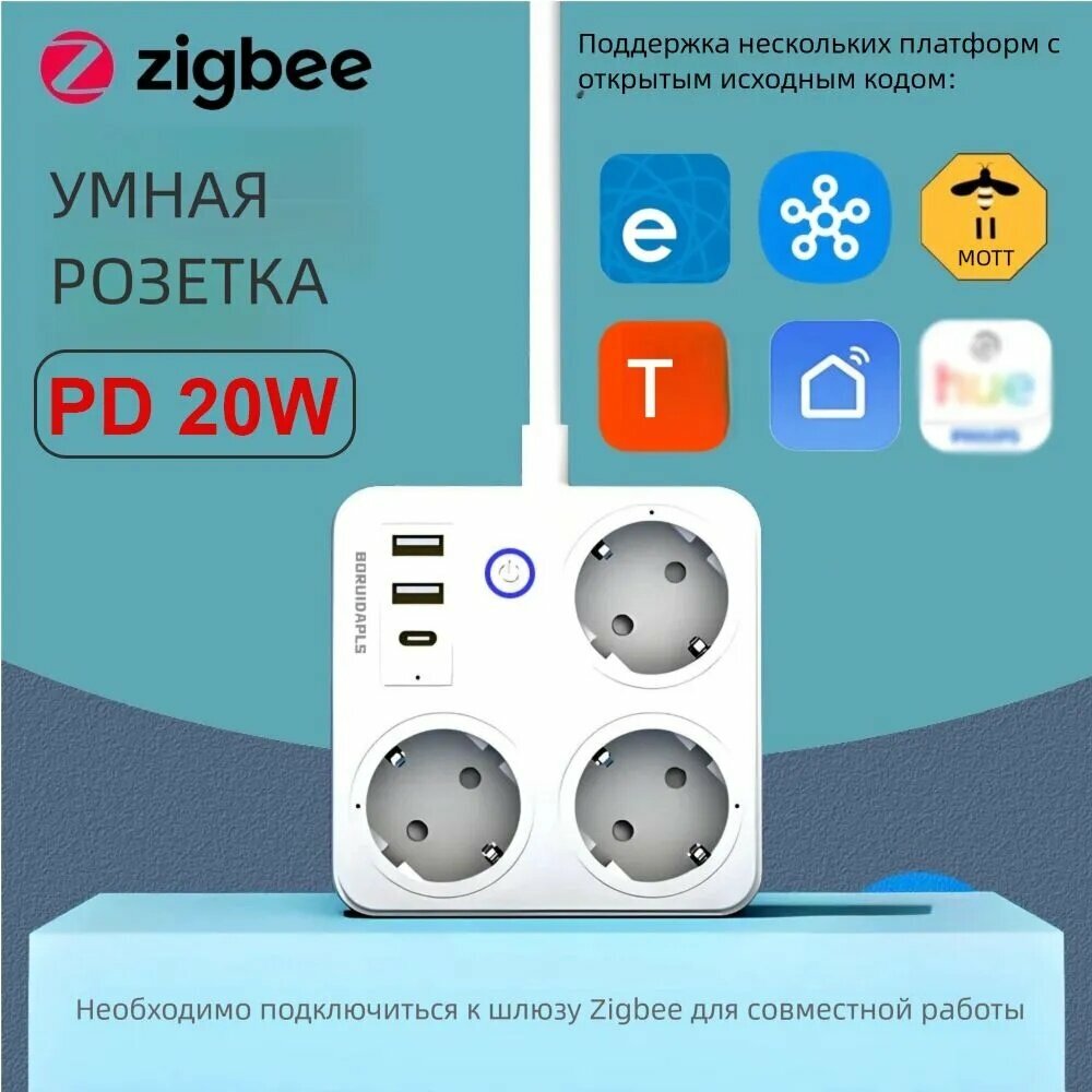 Умная розетка ZigBee EU с PD20W Type-C дистанционным управлением Tuya EWeLink и поддержкой нескольких открытых платформ Zigbee2mqtt