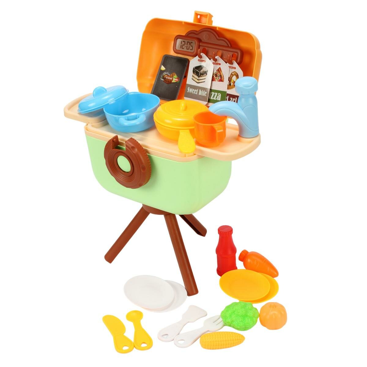 Игровой модуль кухни с пластиковым грилем, посудой и продуктами, 31 предмет