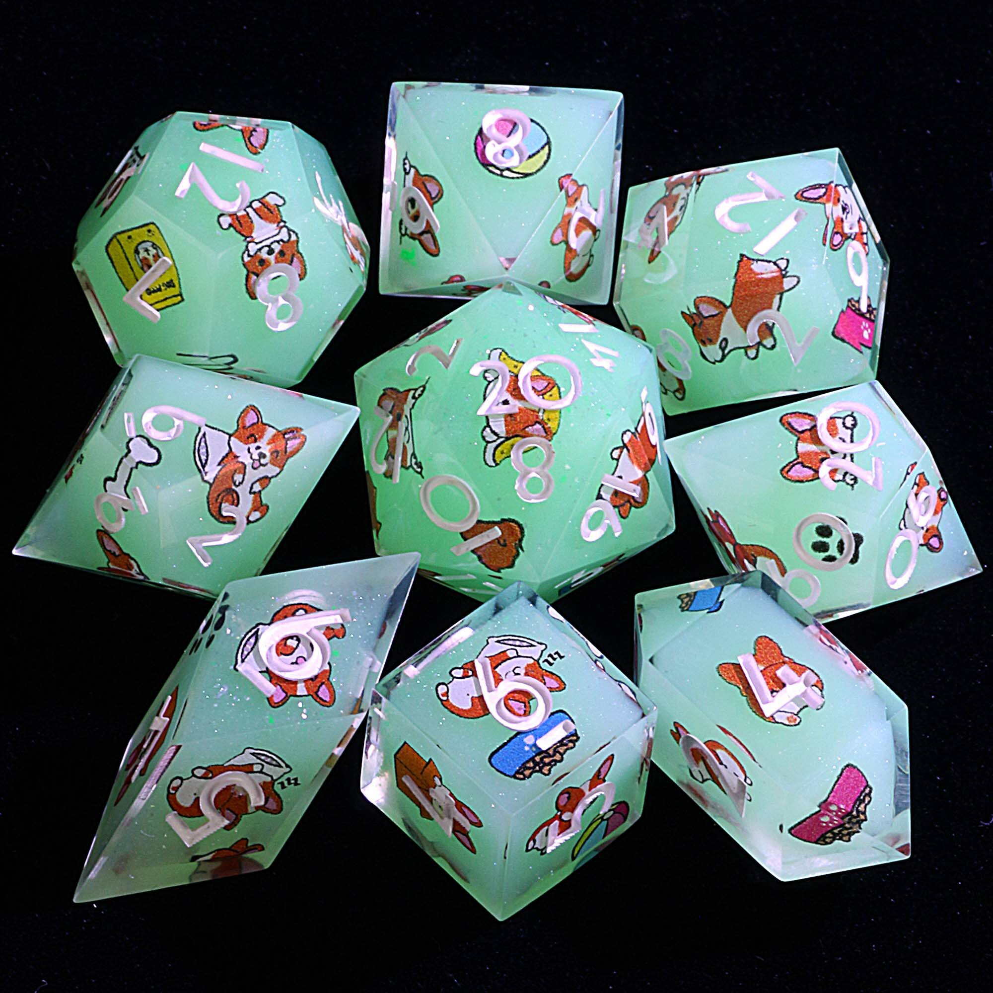 Светящиеся наборы из 9 полиэдрических костей D&D: Карнавал Корги | Sets of Dice Dungeons & Dragons RPG