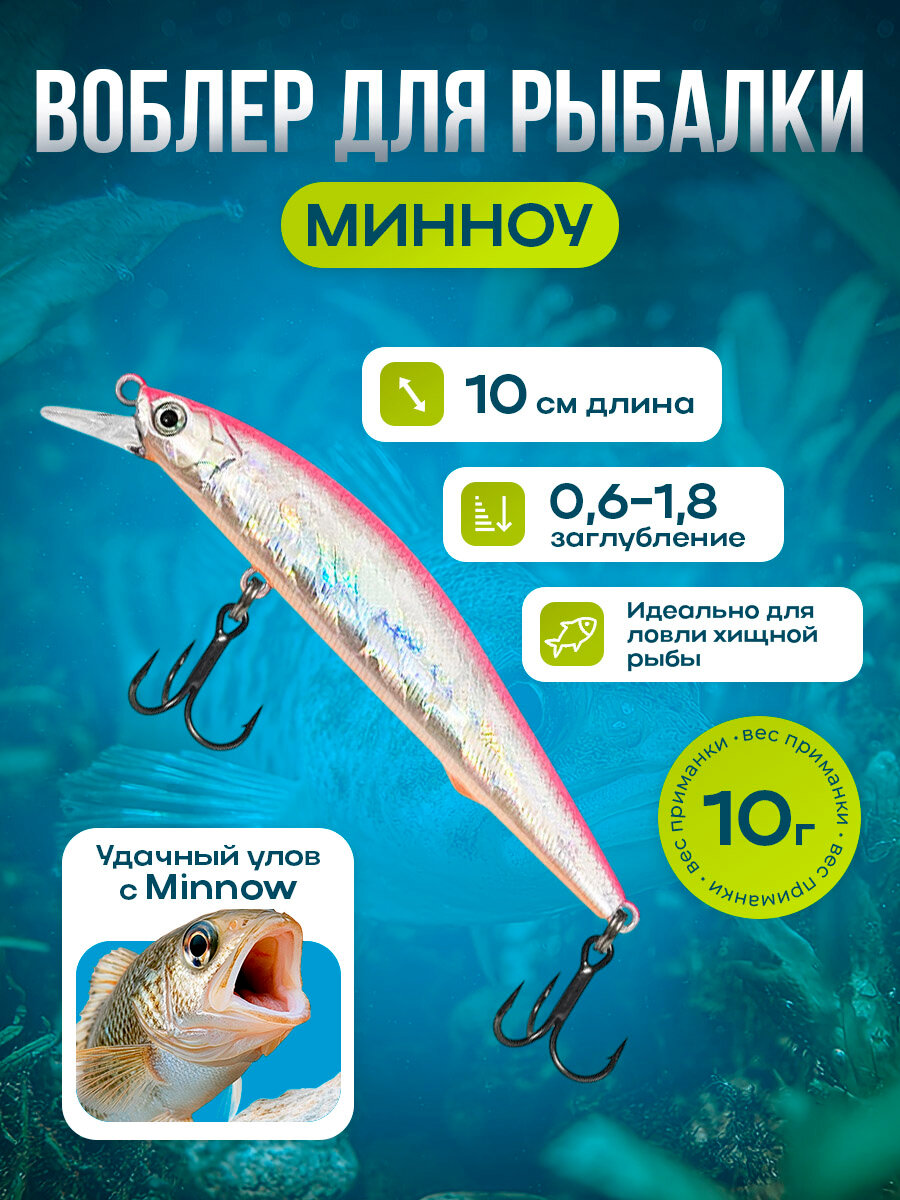 Воблер для рыбалки Minnow, 10 см/10 г, розово-черно-серебристая