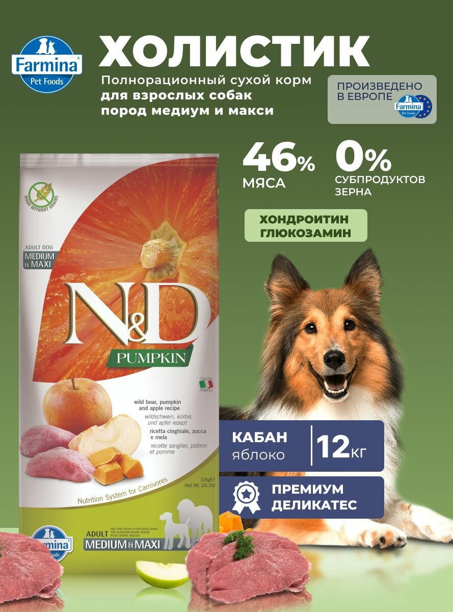 Сухой корм для взрослых собак Медиум Макси 12кг Кабан беззерновой Farmina N&D Pumpkin НД Тыква с кабаном и яблоком