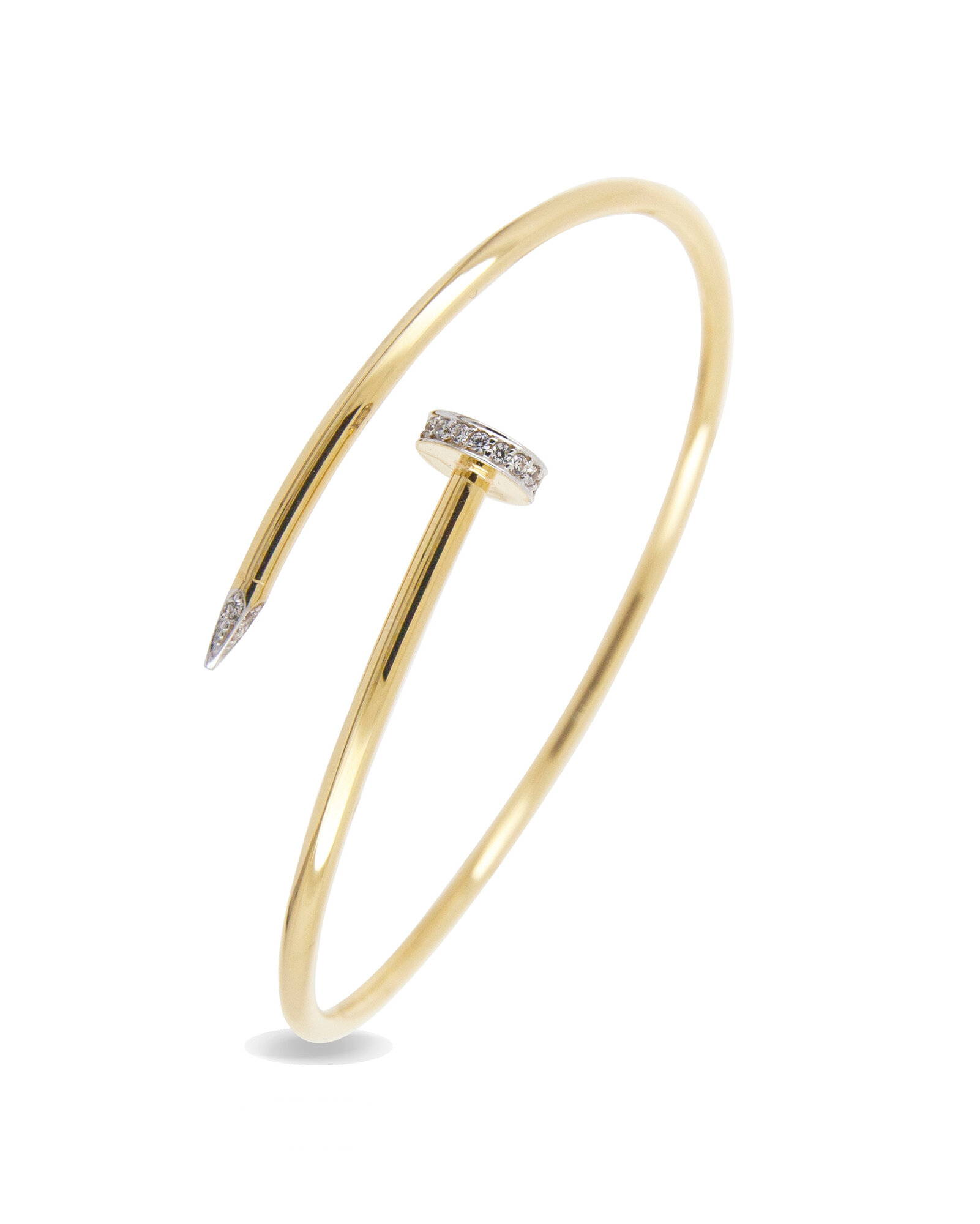 Жесткий браслет, желтое золото, 585 проба, родирование, фианит