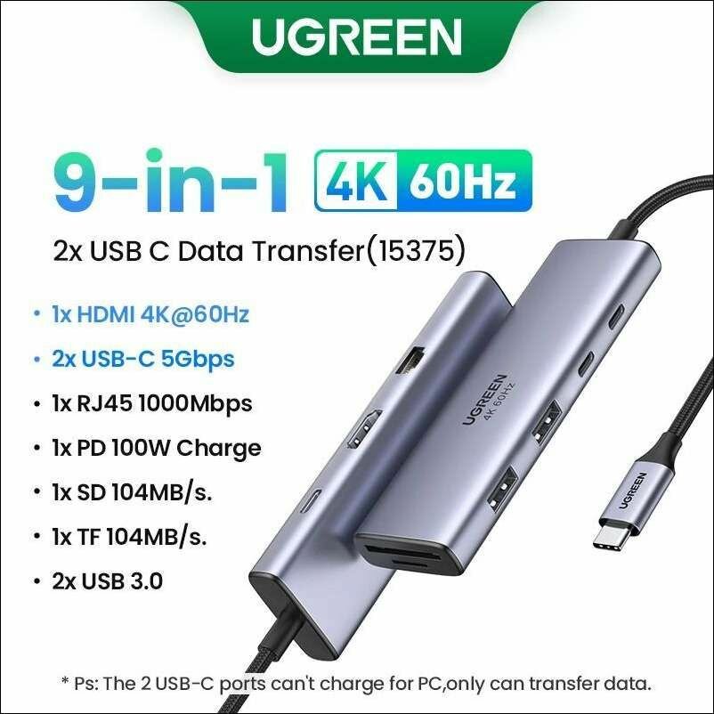 Концентратор UGREEN 15375 Type-C 9-в-1 HDMI/4K60Hz RJ45 PD100W SD/TF USB