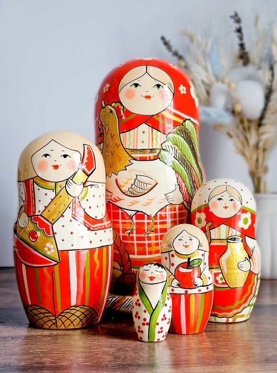 Матрешка деревянная классическая с петухом 5 мест 18 см развивающая игрушка