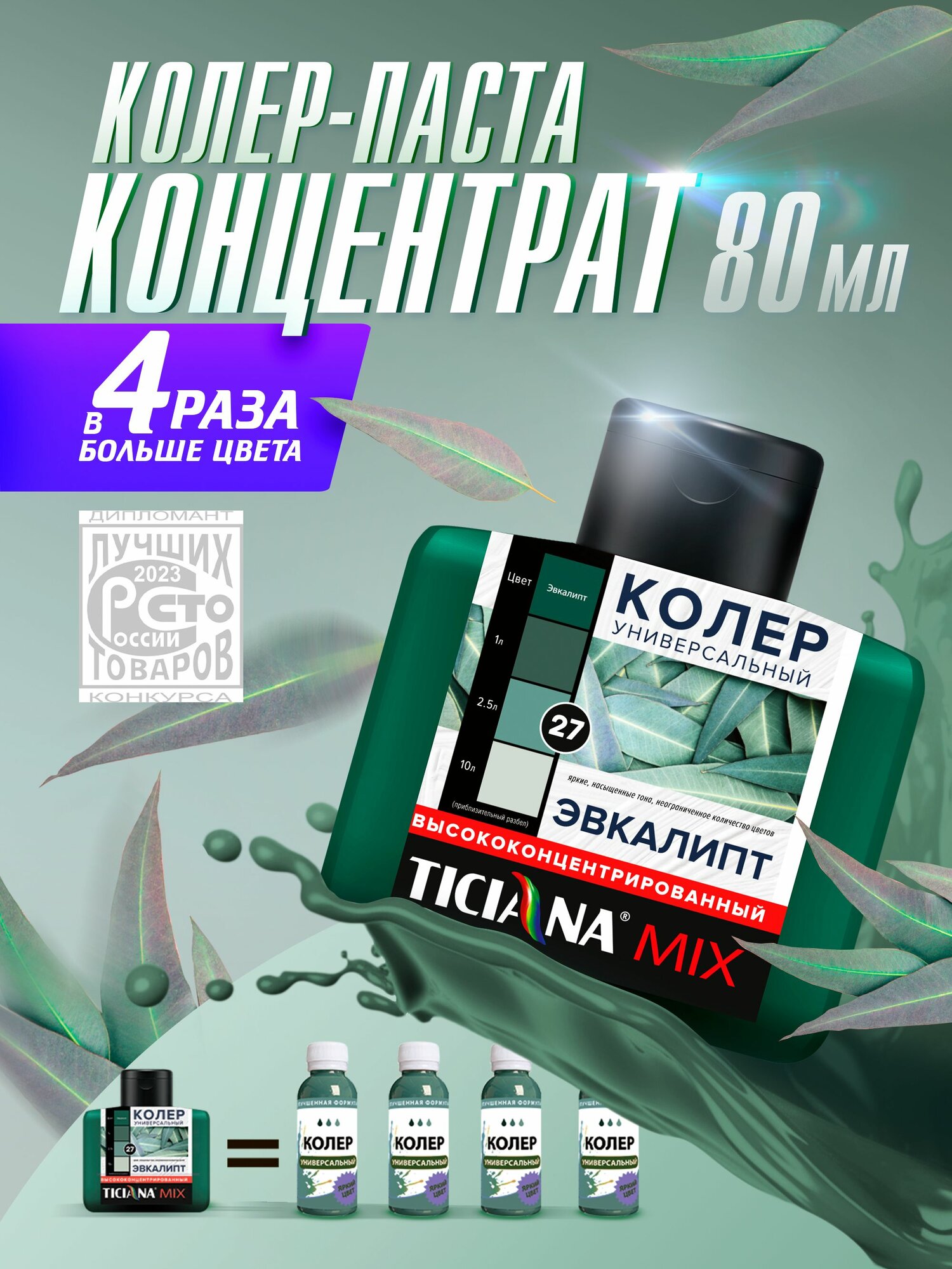 Колер-концентрат для краски универсальный TICIANA MIX, колер-паста насыщенная, Цвет: насыщенный Эвкалипт, 80 мл