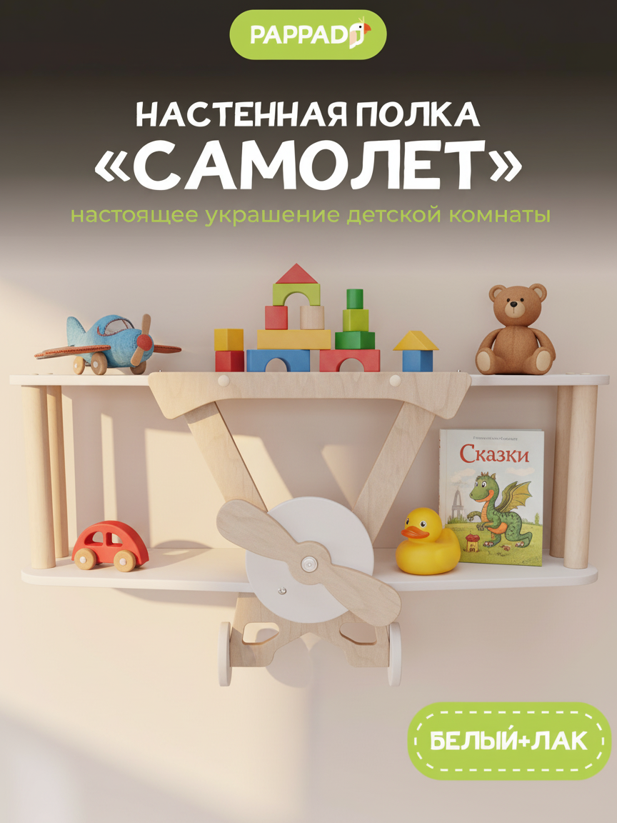 Настенная полка PAPPADO "Самолет", для спальни/гостиной, белый+лак