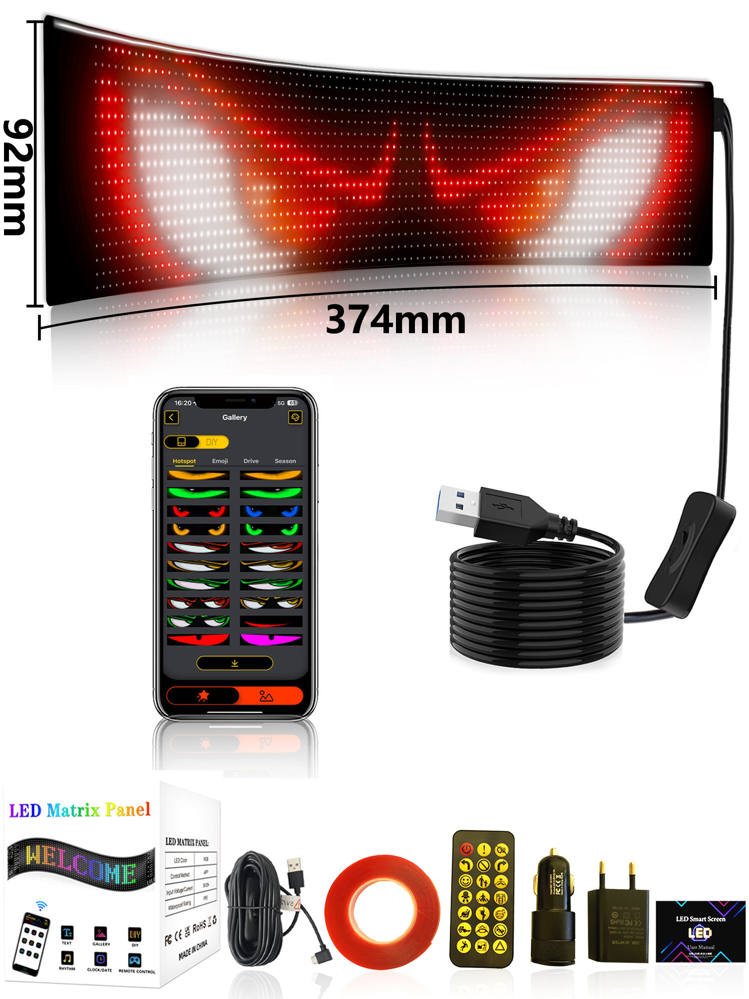 Светодиодный рекламный щит 92*374 мм IP65 водонепроницаемый гибкий экран электронный знак, подходит для автомобилей/магазинов, приложение для управления Bluetooth, индивидуальный текст и изображения