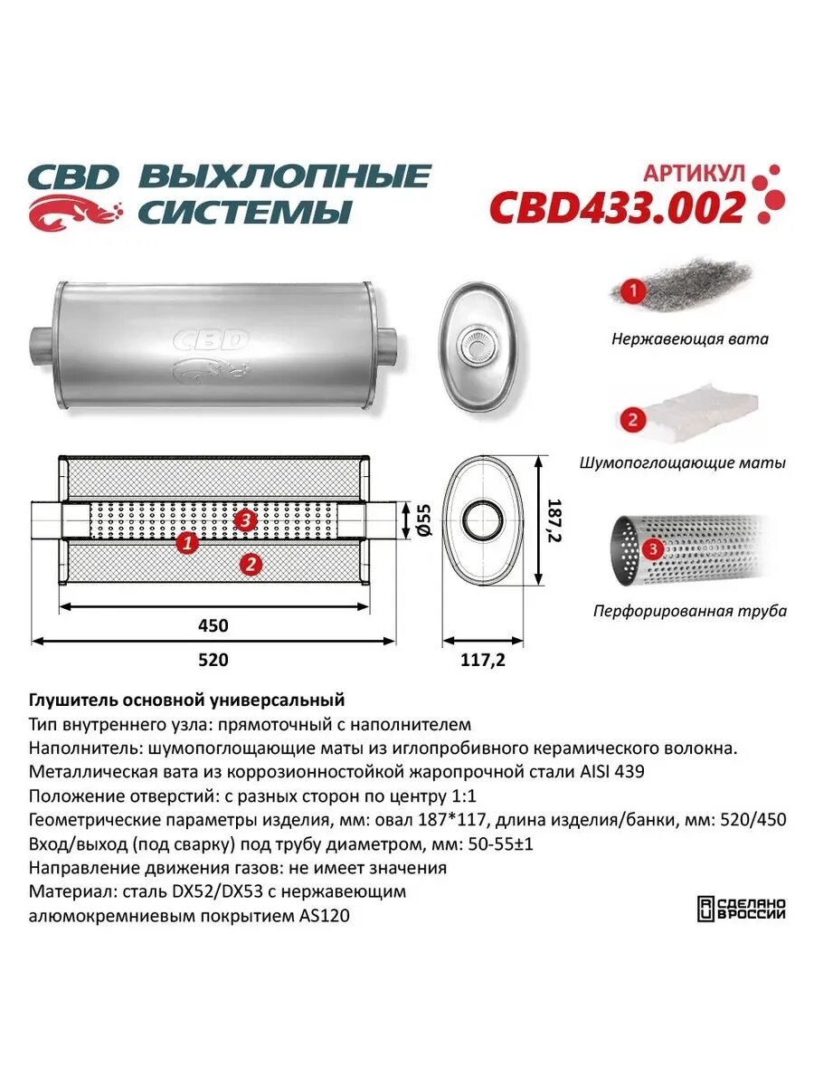Глушитель нержавеющий. Овал D187X117, L528/450. Прямоточный