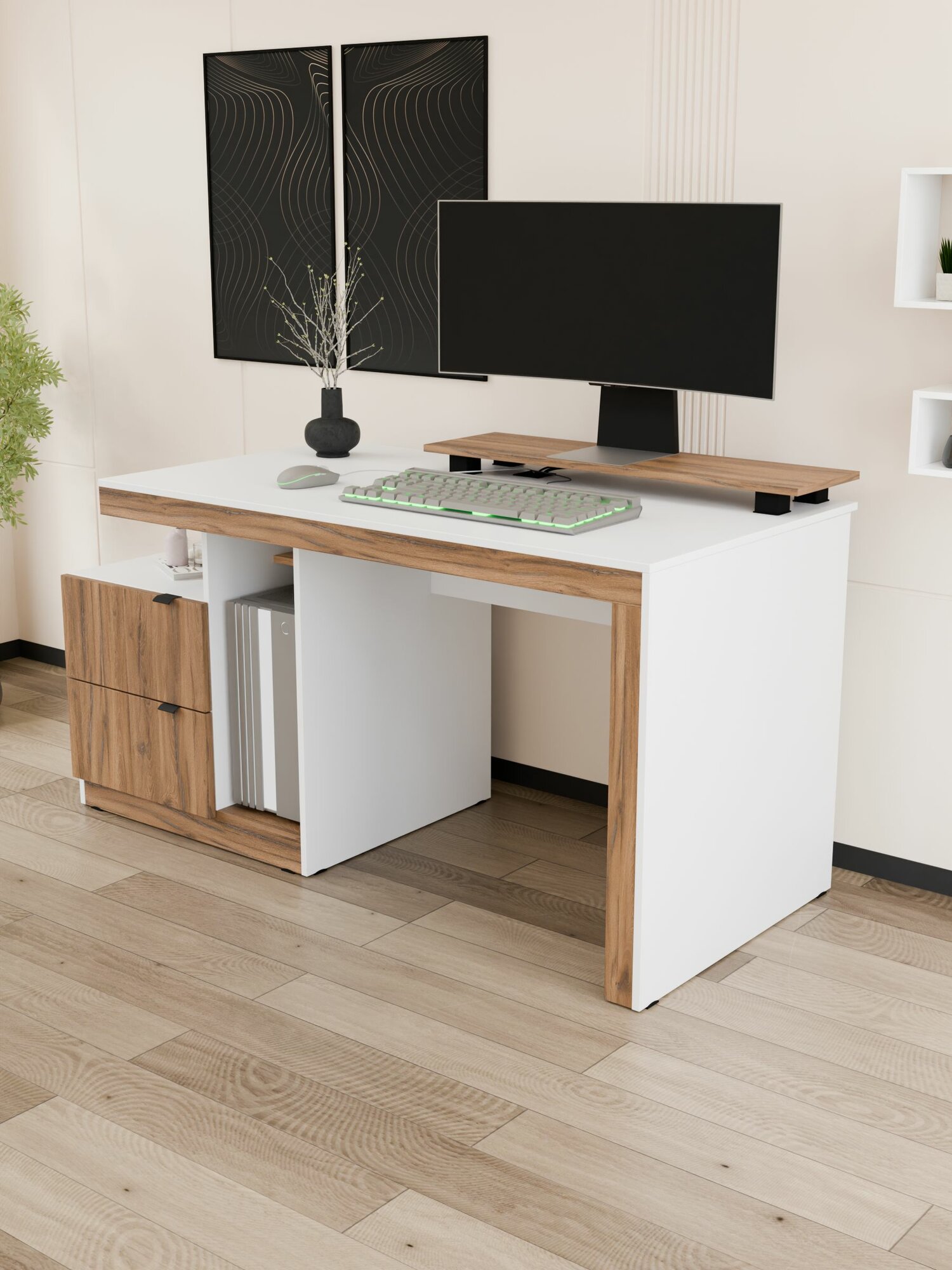 Изумлит Стол компьютерный для офиса и дома Вертикаль Лайт 162х80х74.5 см, тумба слева, белый-дуб крафт табачный