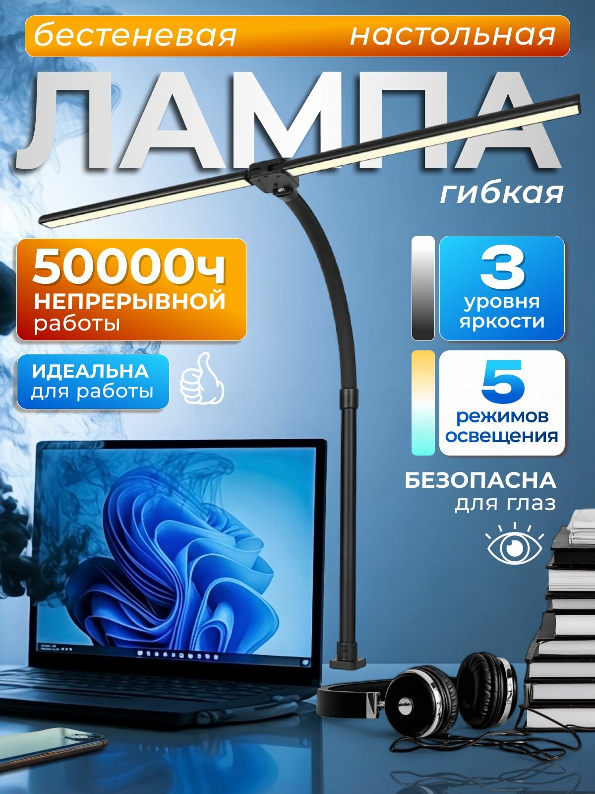 Лампа настольная бестеневая светодиодная на струбцине / Лампа для монитора, светодиодная настольная бестеневая