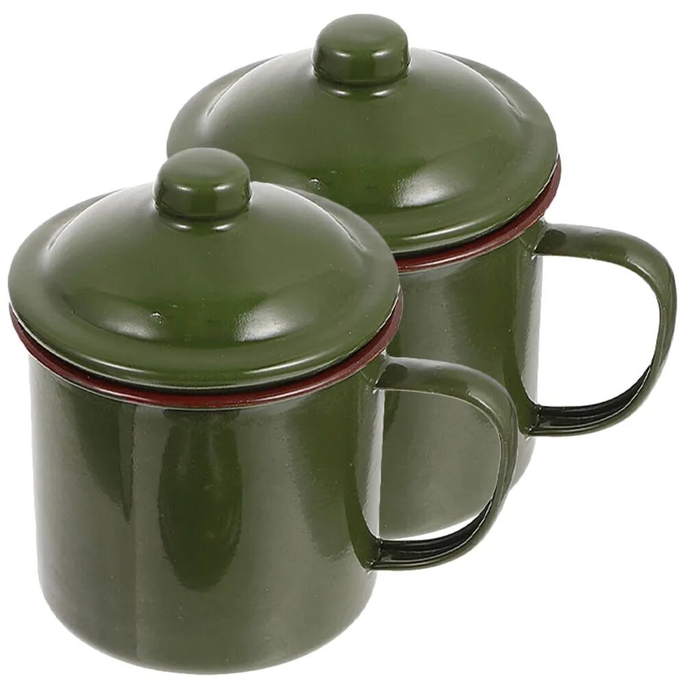 Эмалированная Кружка С Крышкой, Зеленый Цвет, Объем 13.50X10.00X9.00См, Прочная И Термостойкая, Подходит Для Пикников И Домашнего Использования