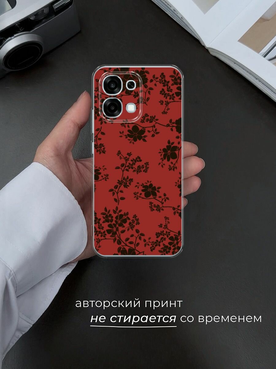 Чехол на Oppo A6 Pro / Оппо A6 Про с принтом Черные цветы на красном — фото 1