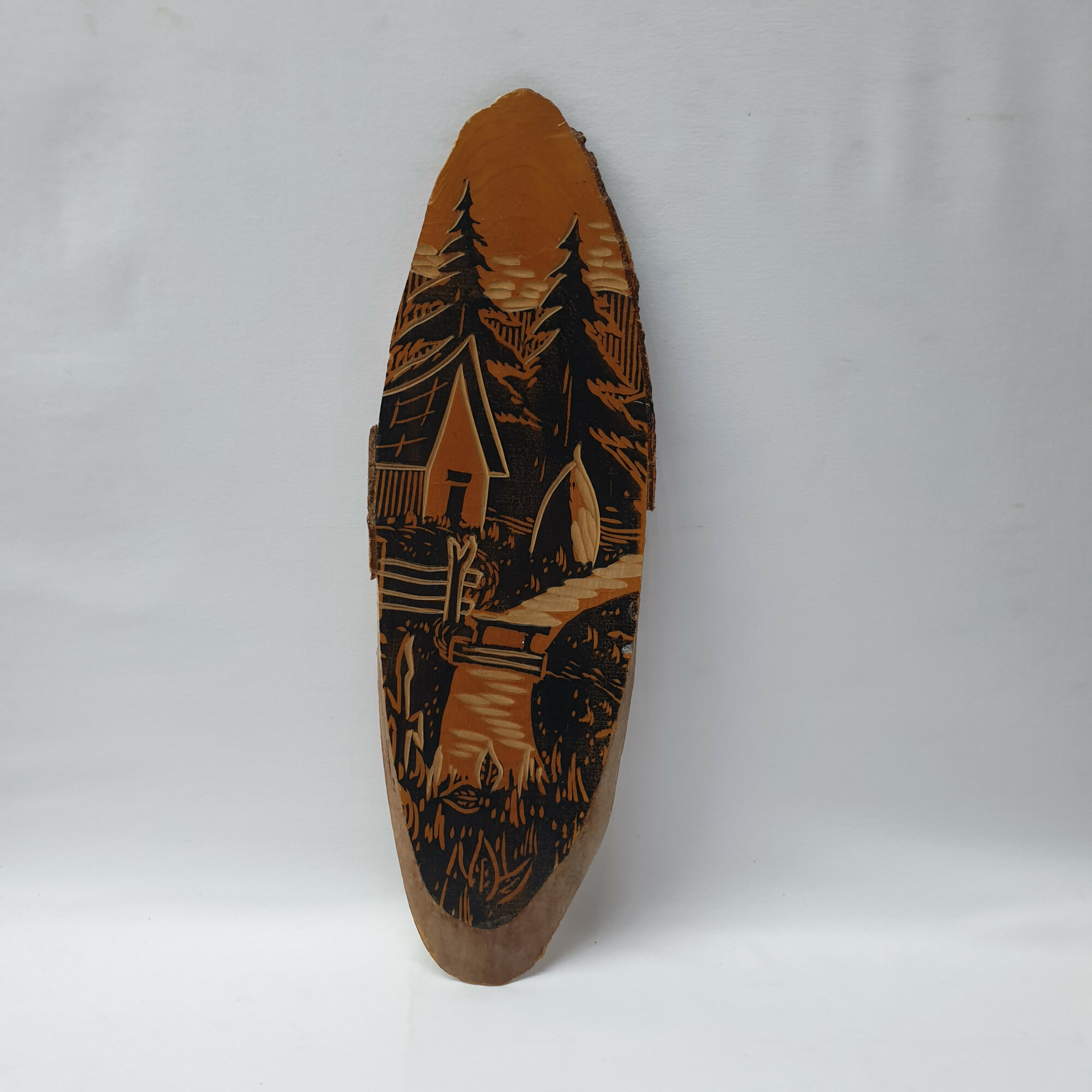 Винтажное панно картина на спиле дерева Дом у реки 15х43 см, дерево СССР