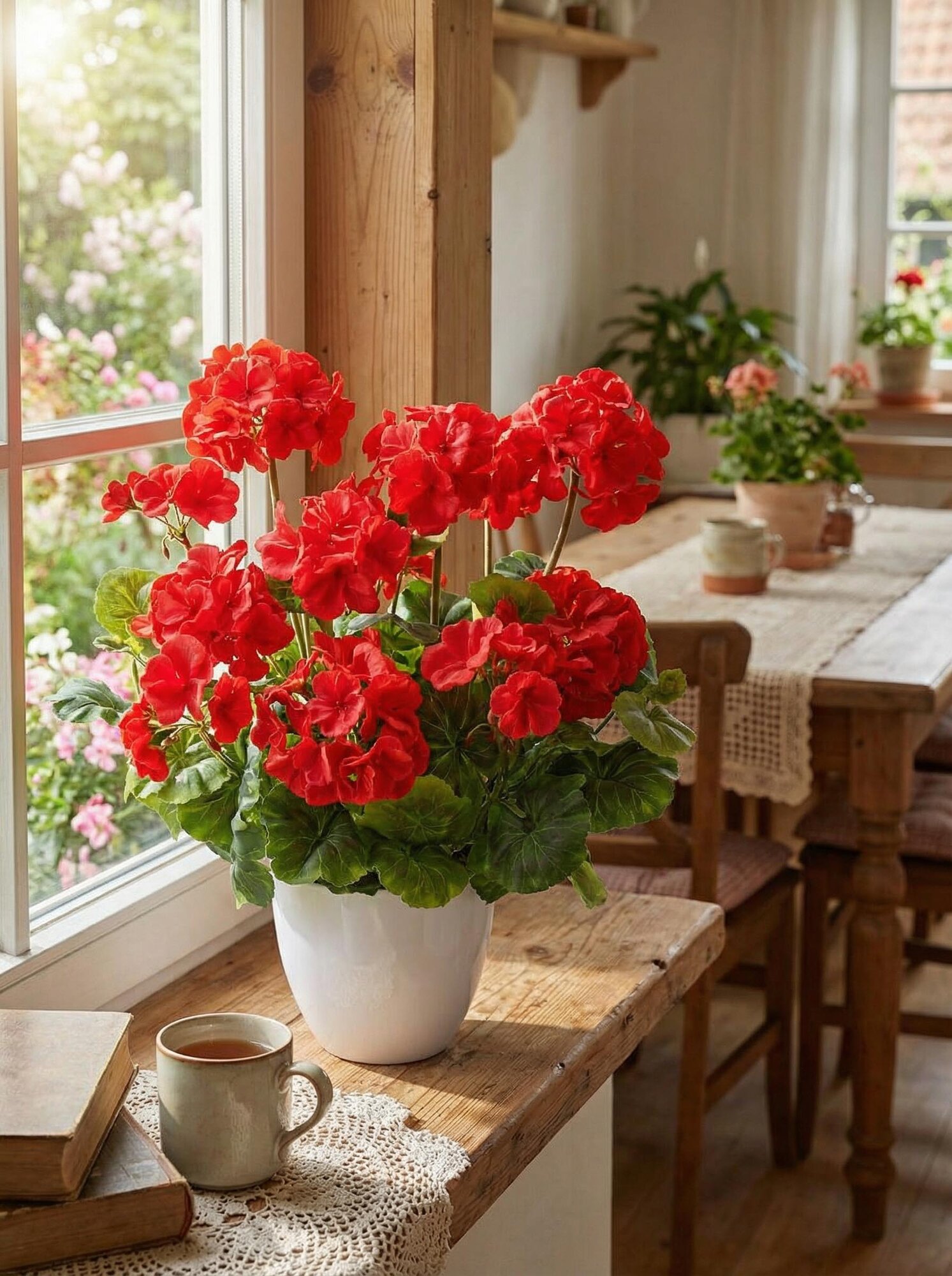 Искусственные цветы Герань красная густая в белом кашпо от ФитоПарк, декор для дачи и сада