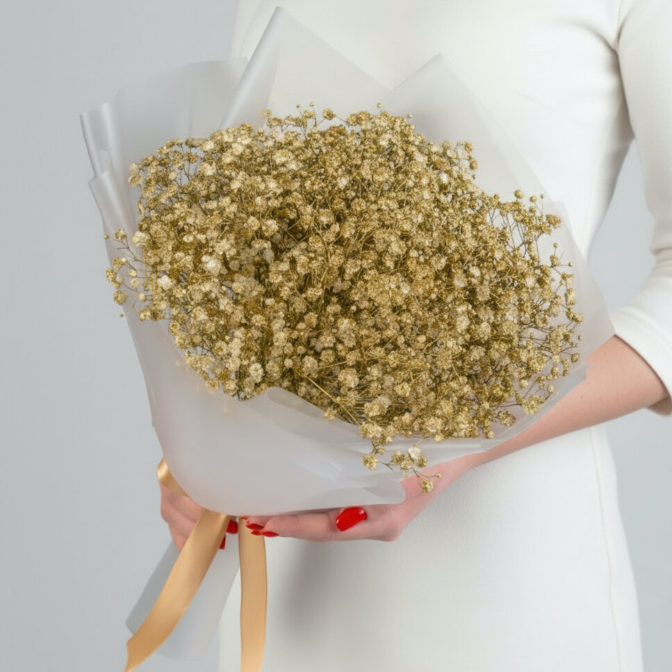 Букет Мегацвет24 "9 Золотых Гипсофил", стабилизированные цветы, золотистый, дизайнерская упаковка