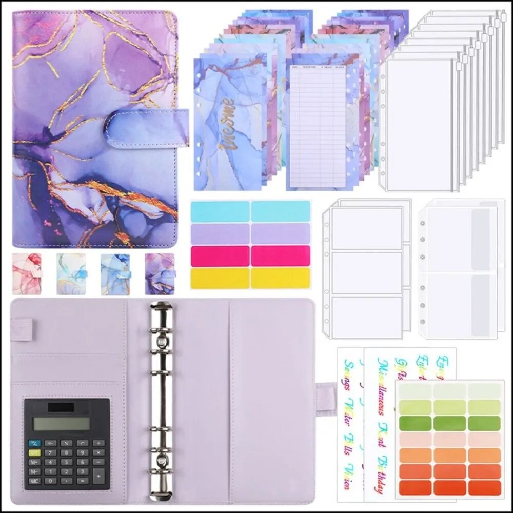 Фиолетовый блокнот-органайзер для финансов с кольцевым механизмом, калькулятором, разделителями, наклейками
