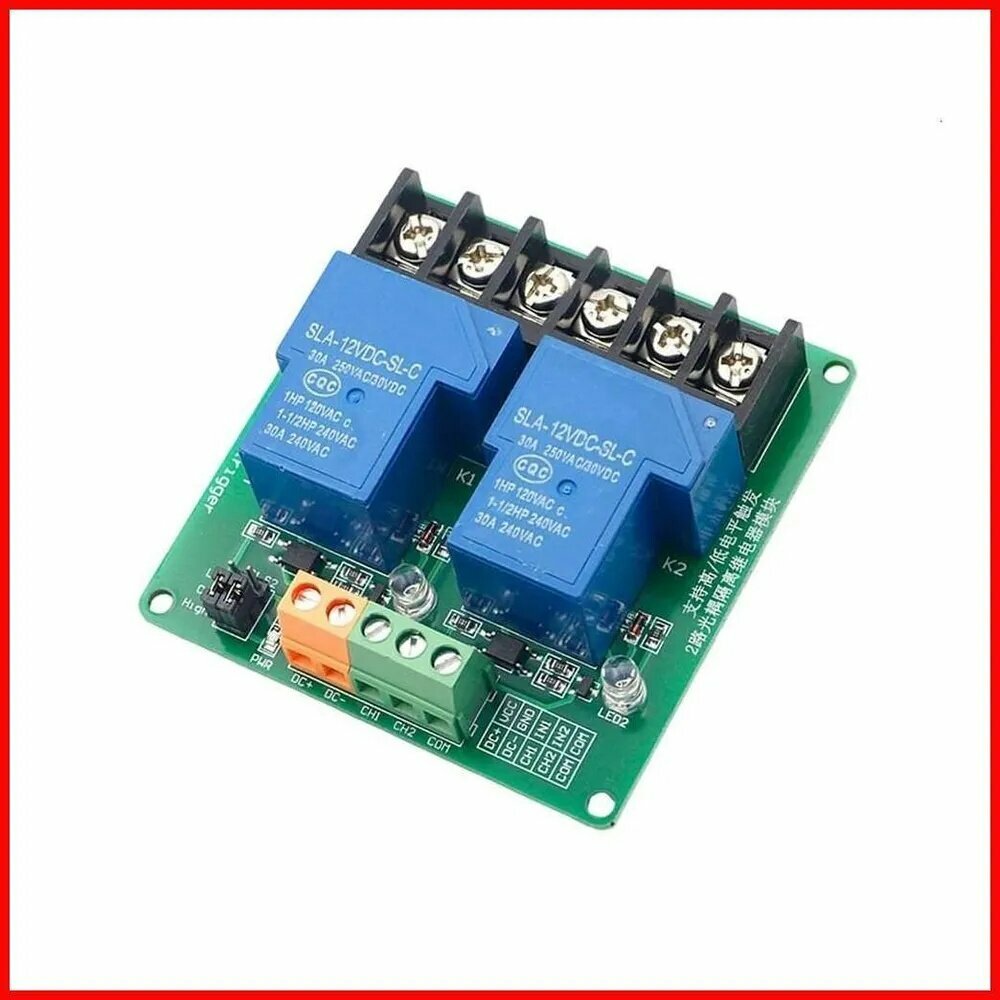 Мощный двухканальный релейный модуль 5В/12В/24В 30А с разными уровнями активации