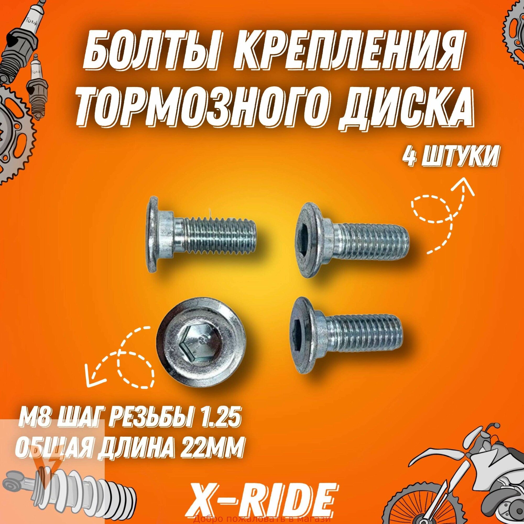 Болты крепления тормозного диска M8 (резьба 1.25), комплект 4 шт для питбайк KAYO, BSE, MOTOLAND, REGUL, MOTO, длина 22 мм