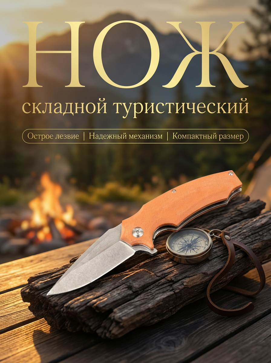 Нож туристический складной для повседневного использования EDC для туризма и города оранжевый