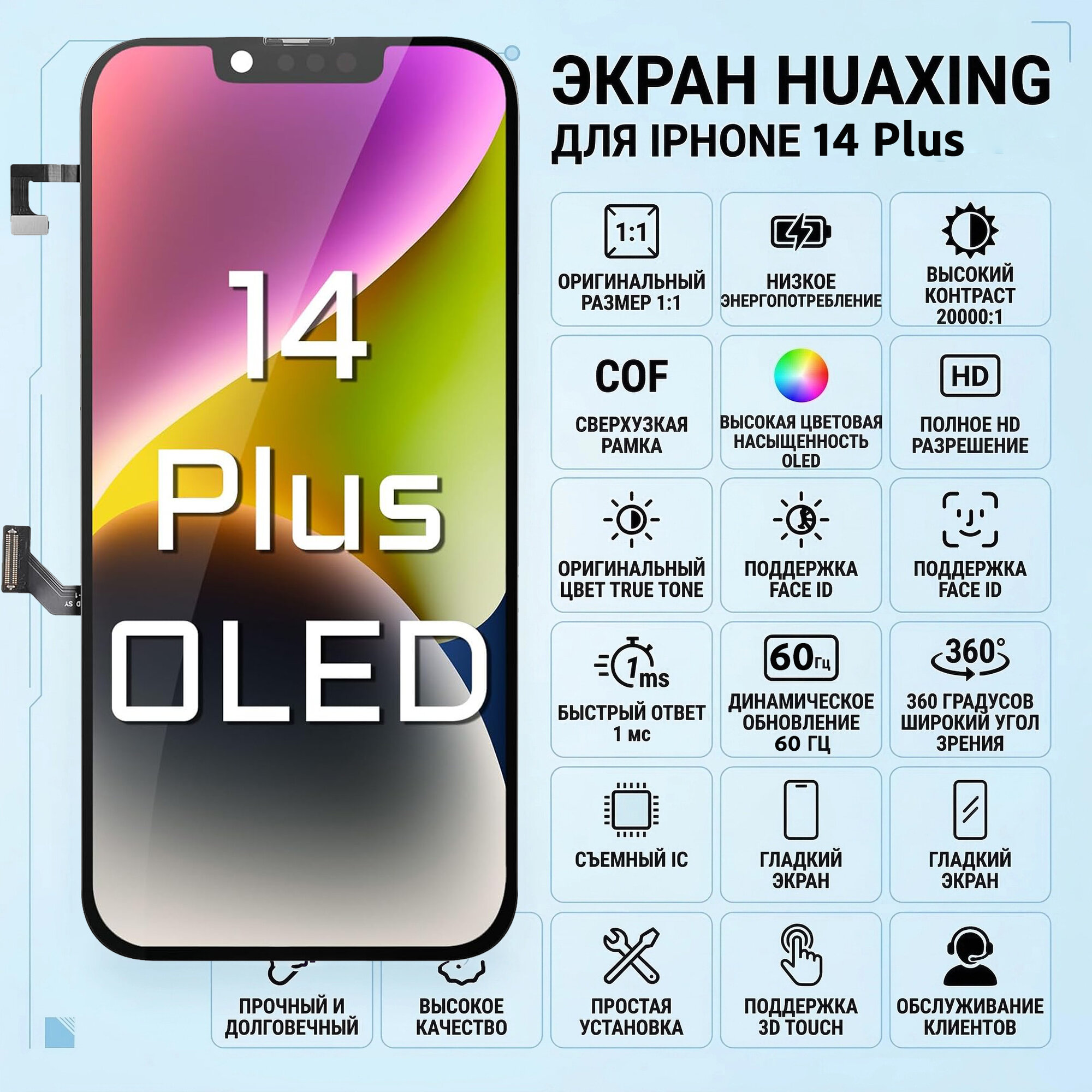 Гибкий OLED-экран-замена для iPhone 14 Plus: 60 Гц, рамки 0.9 мм, высший китайский класс