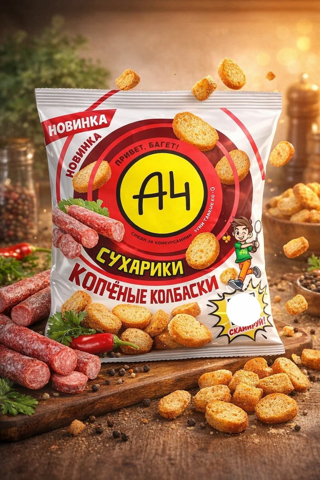 А4 Сухарики пшеничные со вкусом копченой колбаски