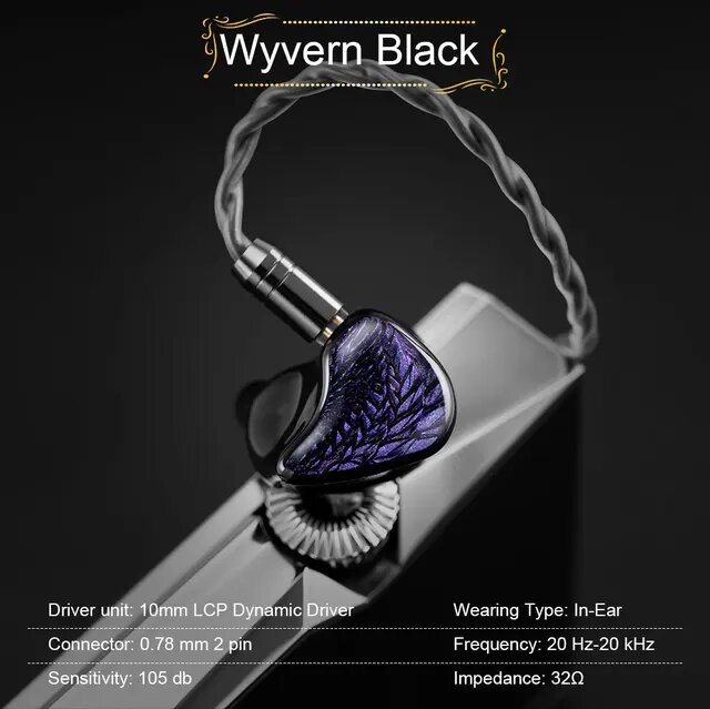Наушники-вкладыши Kinera Celest Wyvern Black с 10-мм диафрагмой LCP и динамическим излучателем (HiFi)