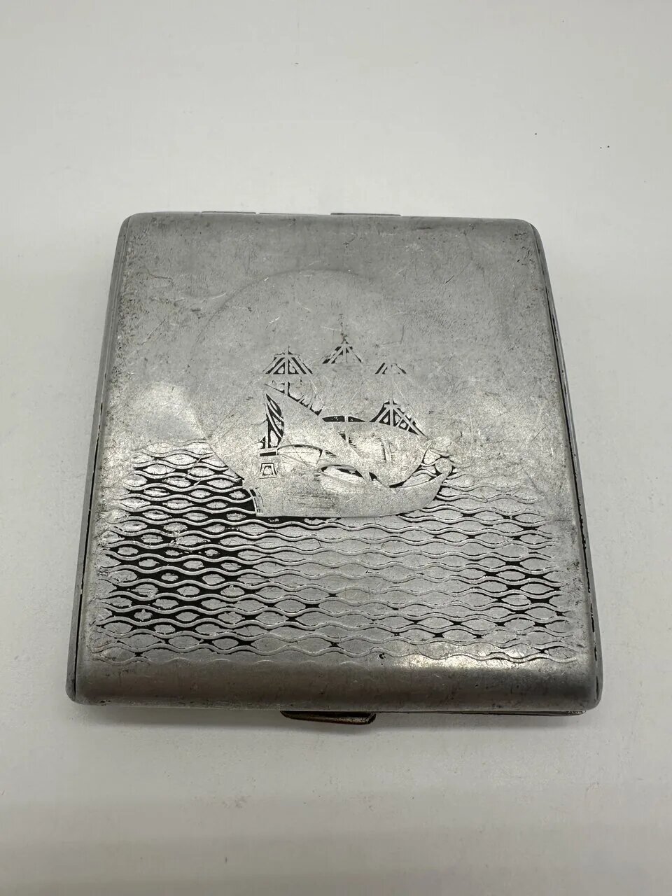 Портсигар Корабль в море Алюминиевый ссср 1960 годы Винтажный коллекционный