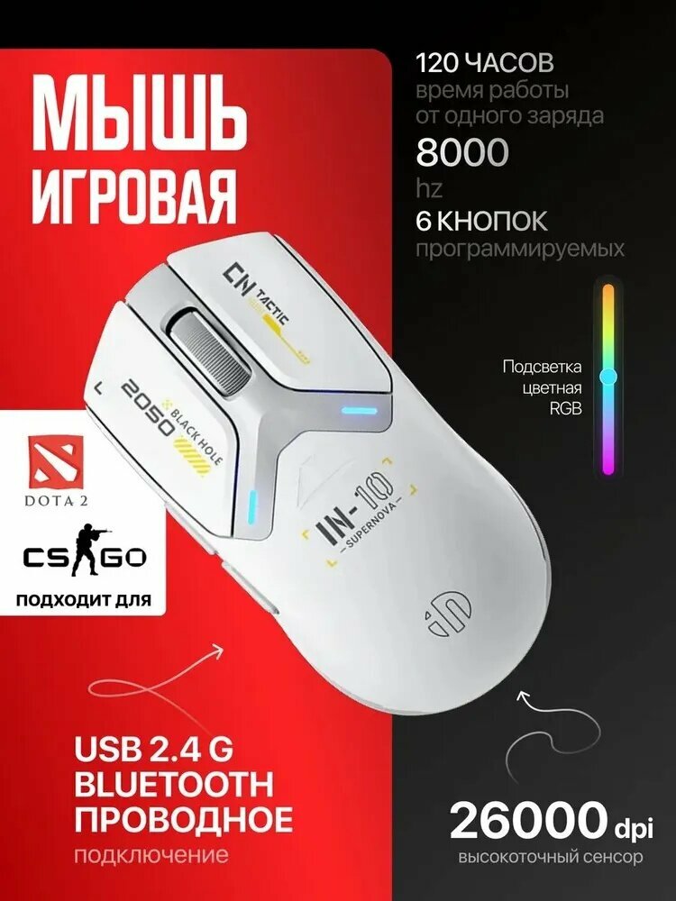 INPHIC Игровая мышь беспроводная, белый