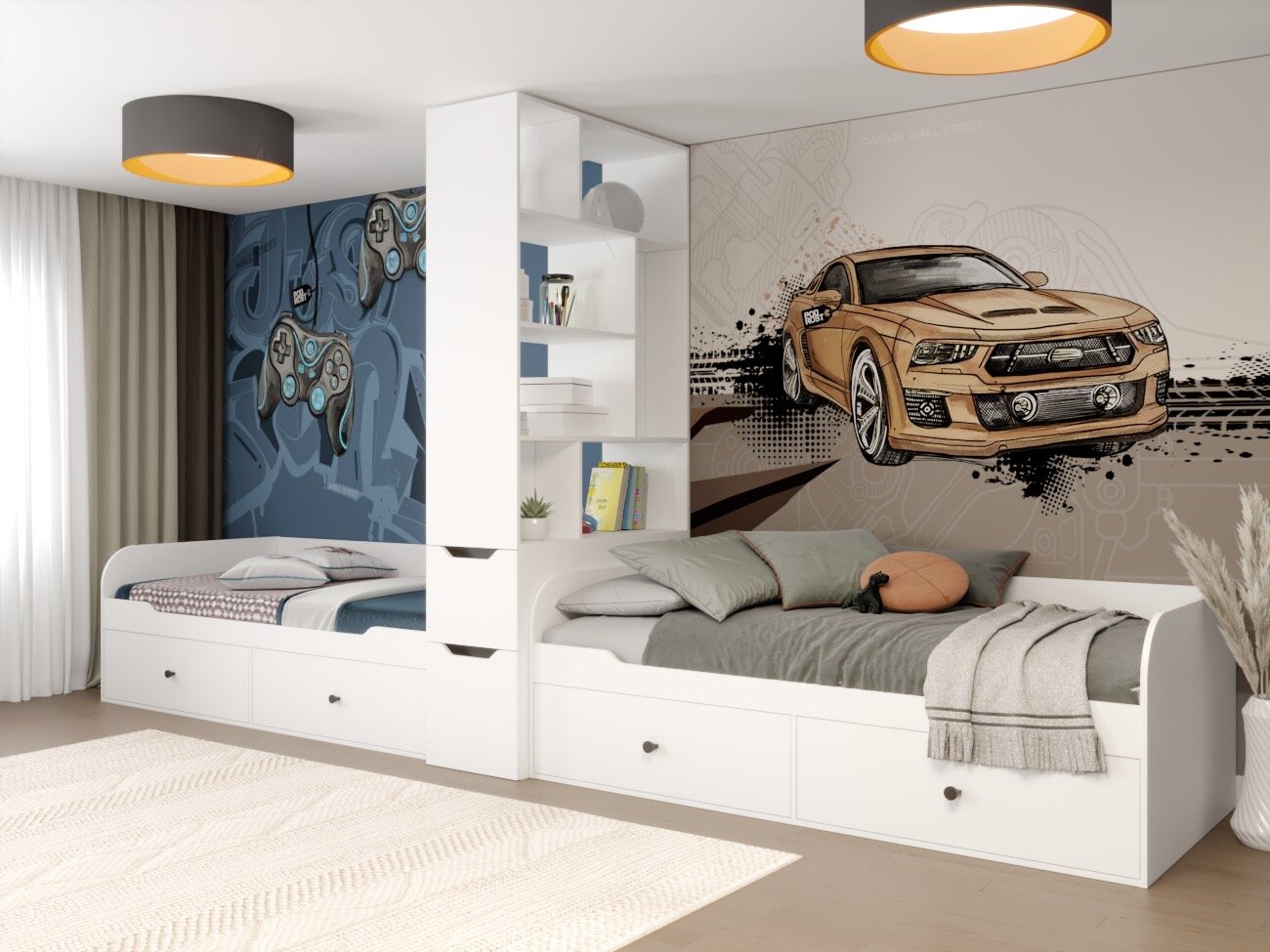 Комплект Норд для 2 детей с зонированием: кровати 190х90 + стеллаж