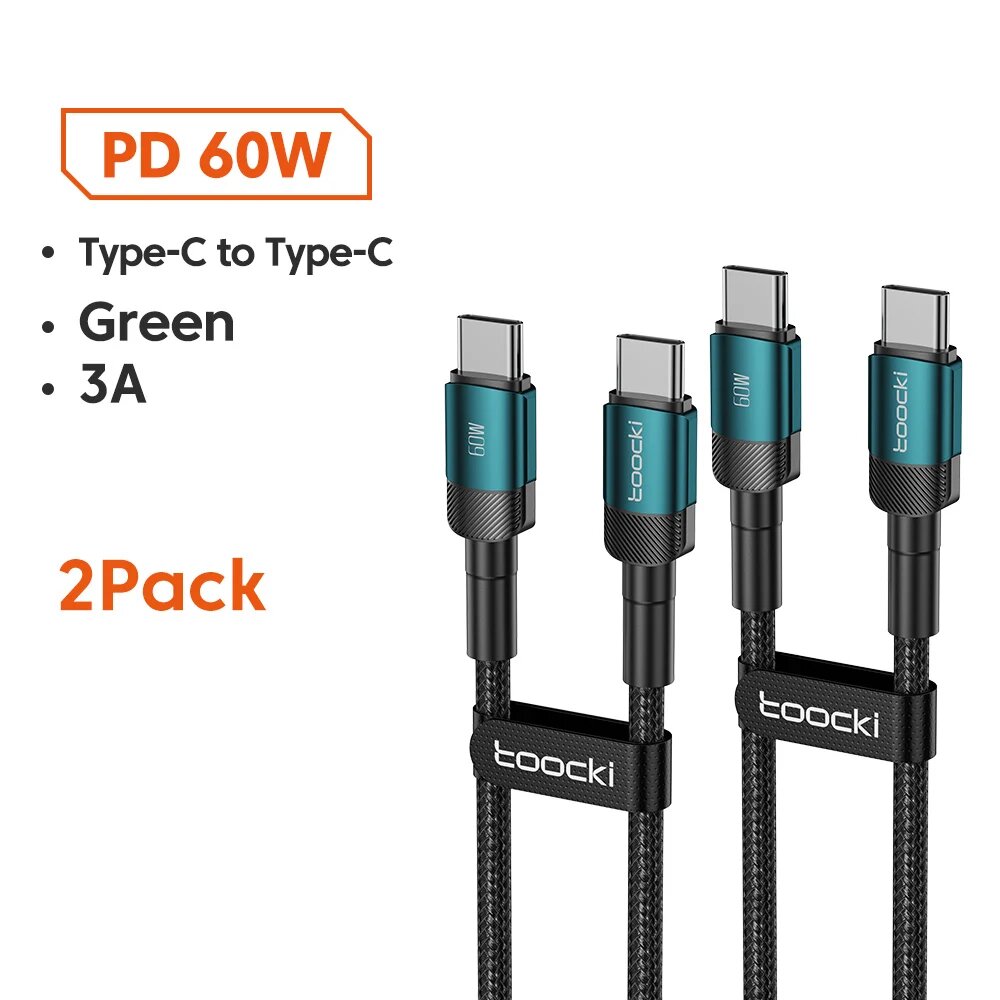 Кабель Type-C to Type-C Tooocki, 1m, 60W CC, Зеленый, 2 шт.