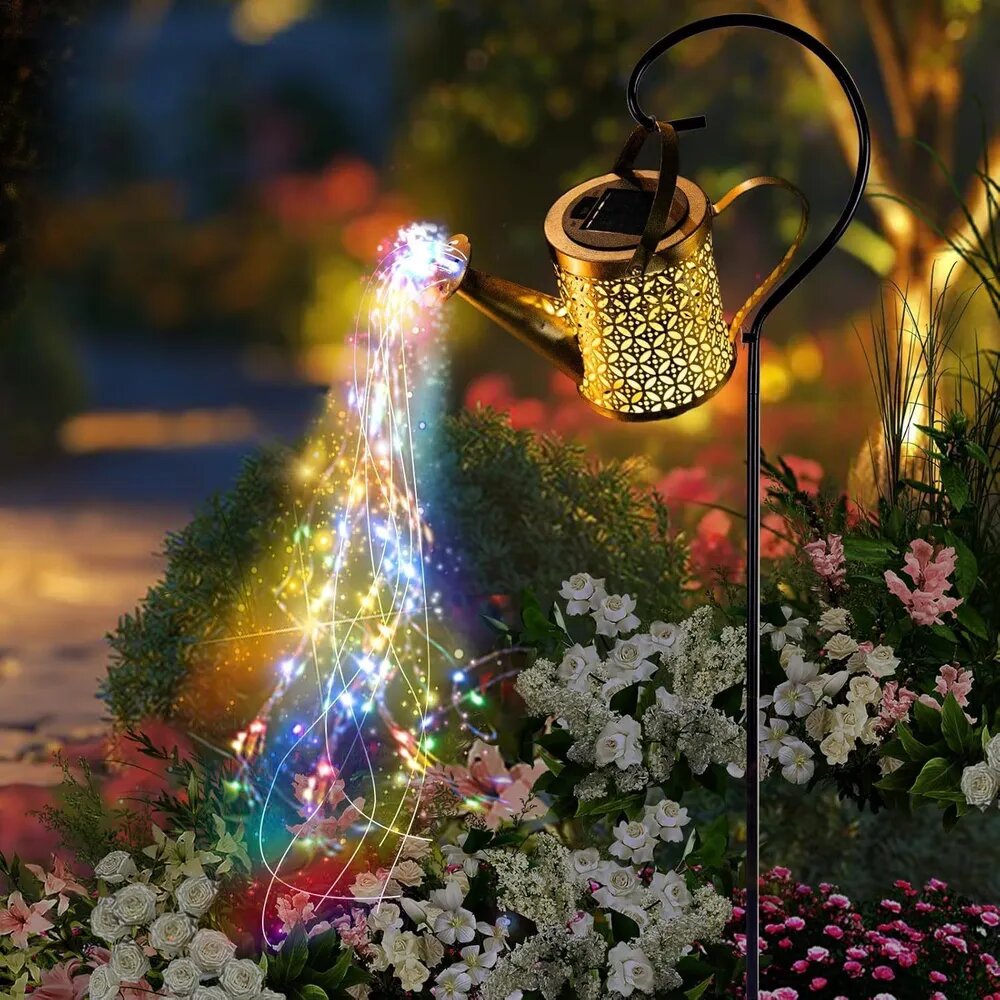 Садовая фигурка в виде золотистого чайника с LED подсветкой для полива, 21x15x11.5 см