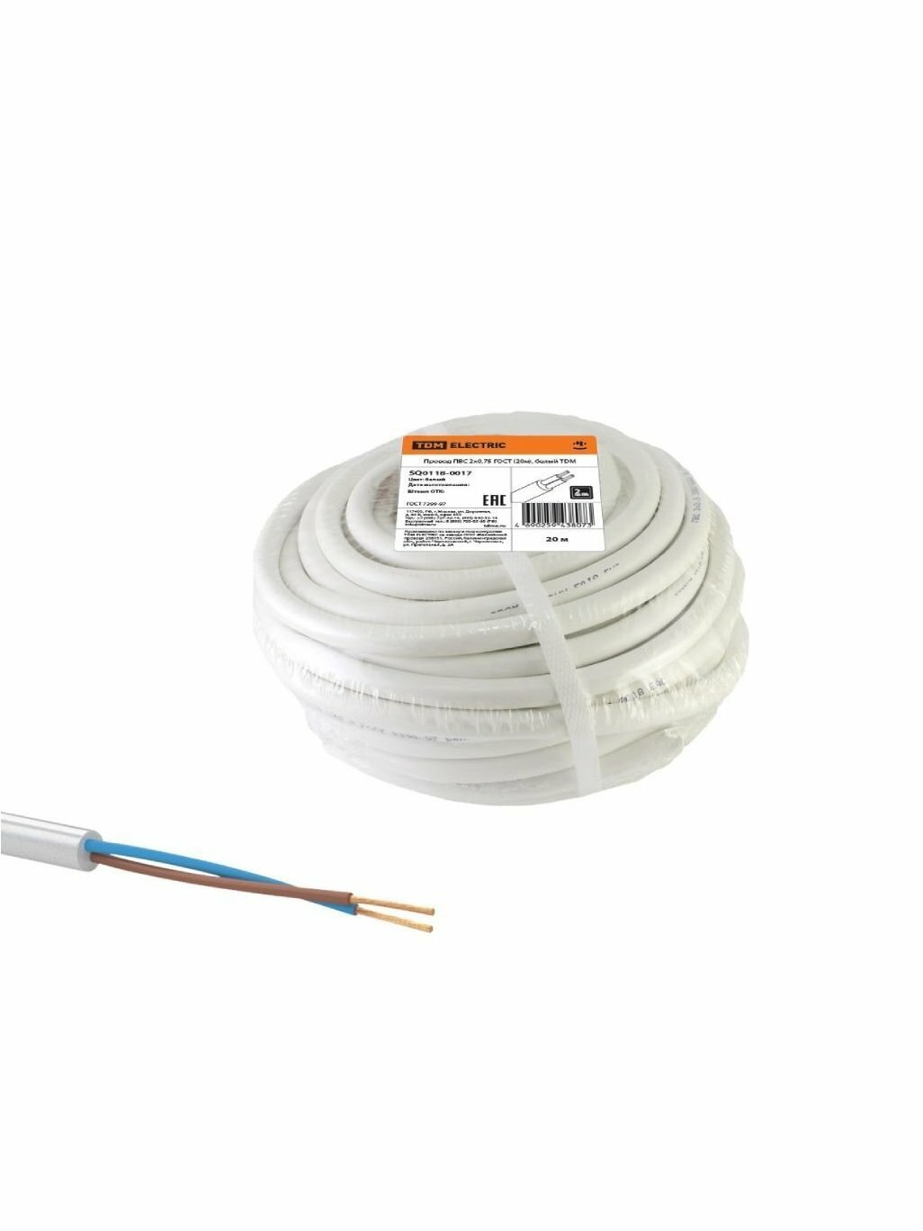 Кабель ПВС 2х0.75 мм² 20 м TDM Electric медный гибкий белый ГОСТ для удлинителей и электроприборов SQ0118-0017