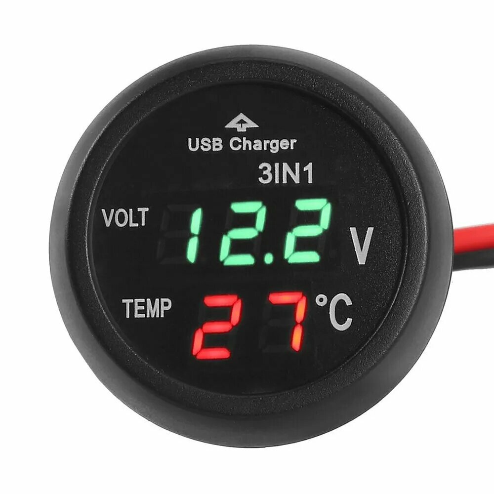 Универсальный USB-вольтметр-термометр для авто, 12/24 В, зелёный LED-дисплей