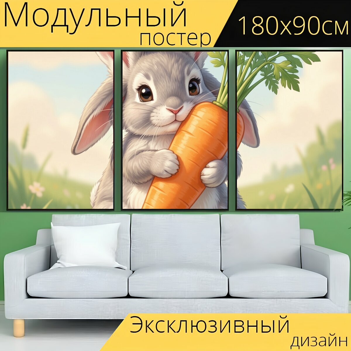 Модульный постер "Милый зайчонок с морковью. Нежный детский рисунок с пушистым кроликом, держащим крупный оранжевый корнеплод." 180 x 90 см. для интерьера на стену в тубусе