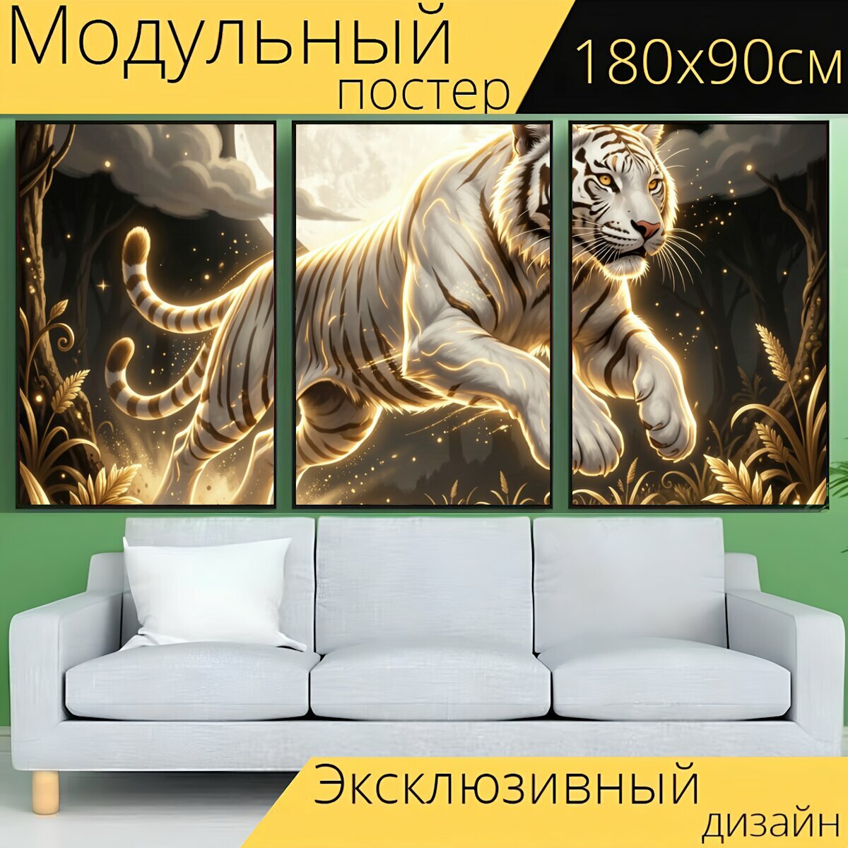 Модульный постер "Белый тигр при полной луне. Сияющий хищник в ночном лесу на фоне огромного лунного диска, в прыжке среди золотистых." 180 x 90 см. для интерьера на стену в тубусе