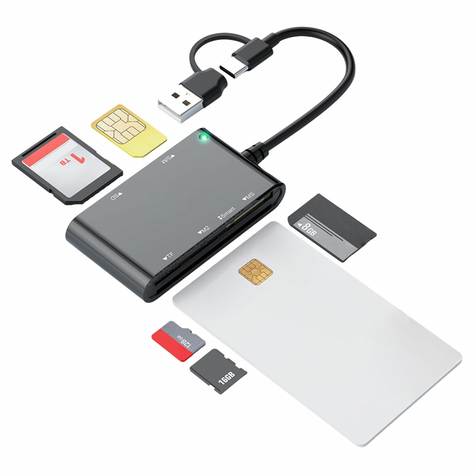 6-в-1 USB-ридера: SD, MS, M2, TF, SIM, смарт-карт