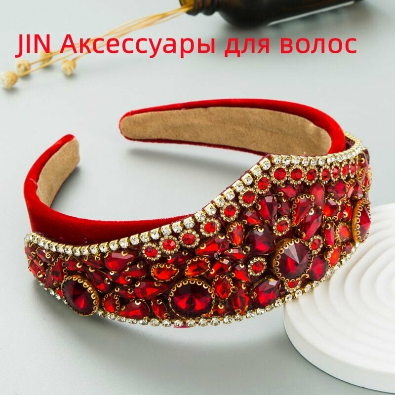 Ободок-кокошник бархатный с искусственными камнями и стеклянными стразами, красный — для праздника и фотосессии