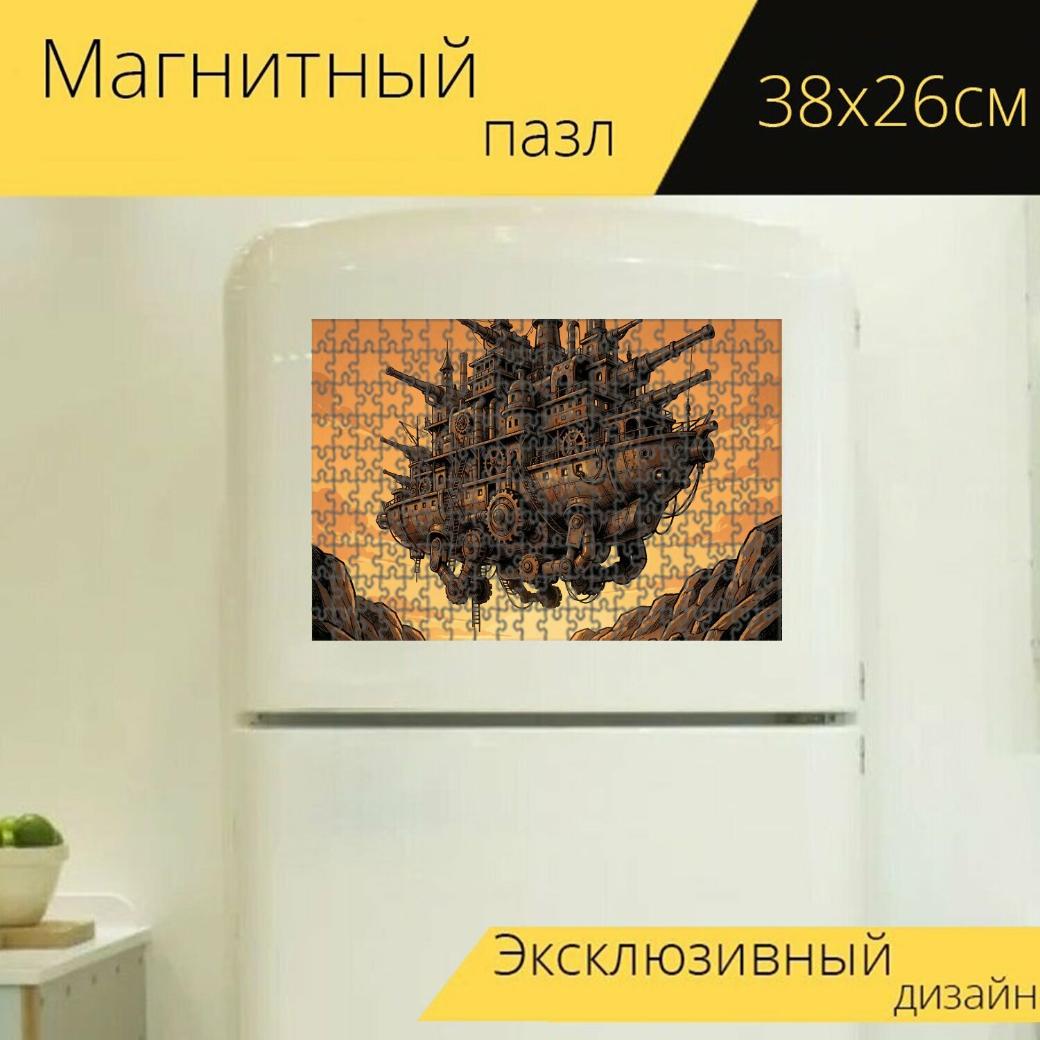 Магнитный пазл "Летающий стимпанк корабль-крепость. Фантазийный воздушный броненосец с башнями, пушками, шестернями и трубами паровой машины парит над." для интерьера, 38х26 см.