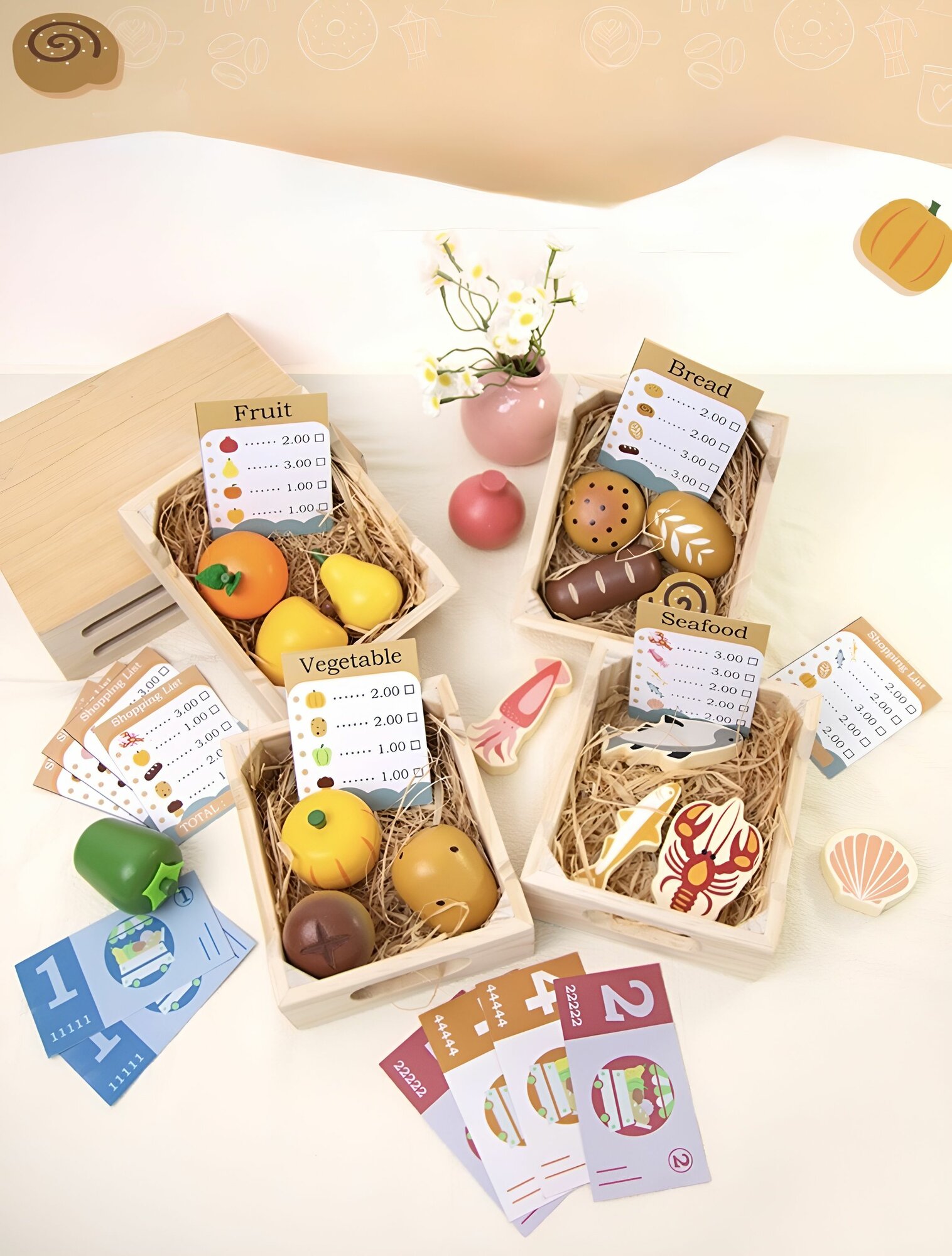 Игровой набор KABI "My Favorite Food", деревянный Магазин с ящиками-витриной, для ролевых игр, от 3 лет