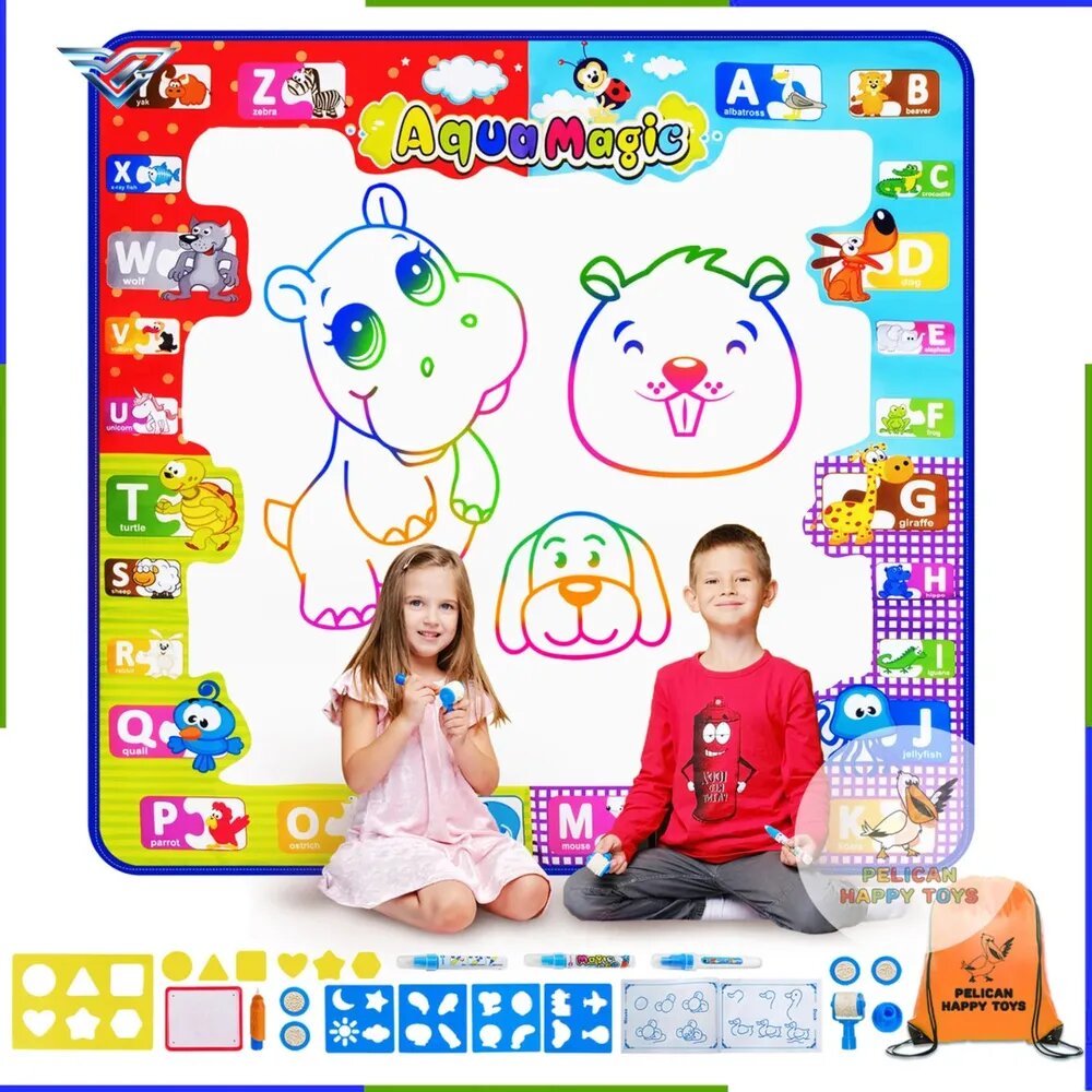 Набор для рисования водой Алфавит от PELICAN HAPPY TOYS, 25 предметов, коврик 78x78 см, с трафаретами и маркерами