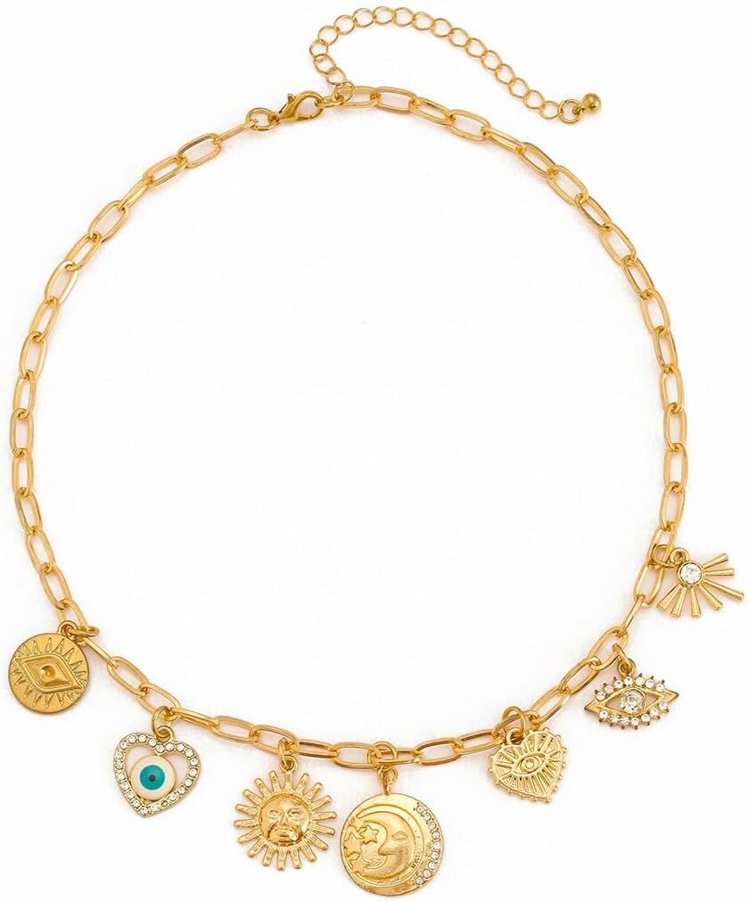 Изысканное женское золотое колье-цепочка с подвеской в виде жемчуга, солнца, клубники, вишни, сглаза, слона, лимона и сердца — милый подарок.