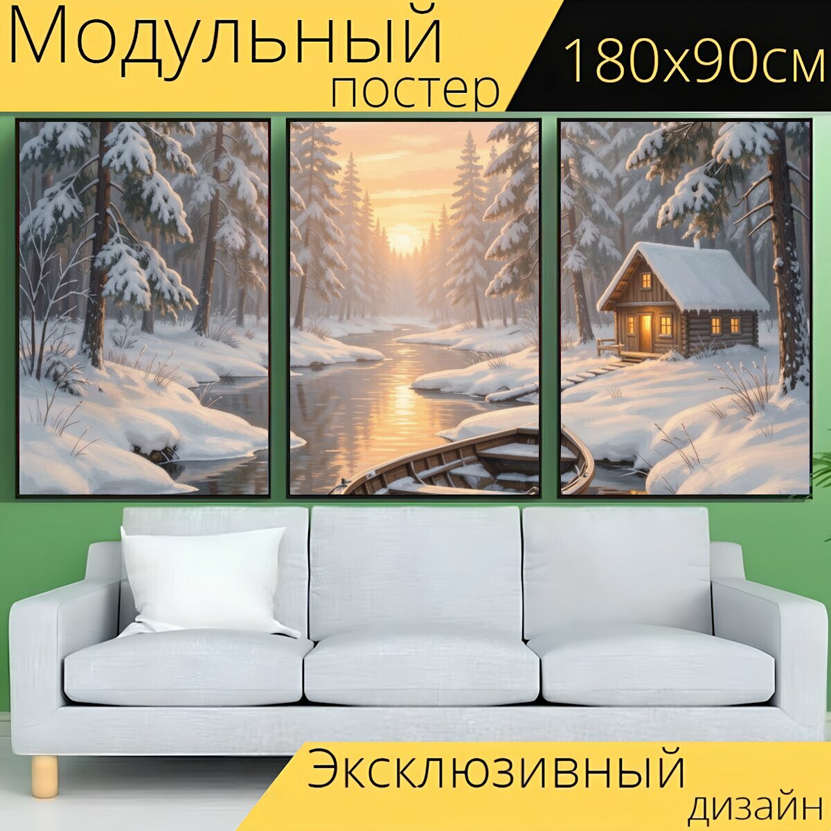 Модульный постер "Зимний лесной пейзаж с лодкой. Заснеженная тайга у тихой речки на рассвете, деревянная избушка с теплым светом." 180 x 90 см. для интерьера на стену в тубусе