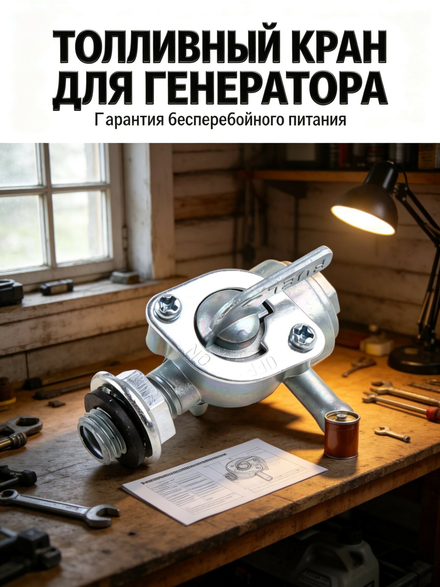 Топливный кран для генератора, с фильтрующим экраном M10x1,25 и патрубком 1/4 дюйма, металл и пластик, включение/выключение 90°, серебро