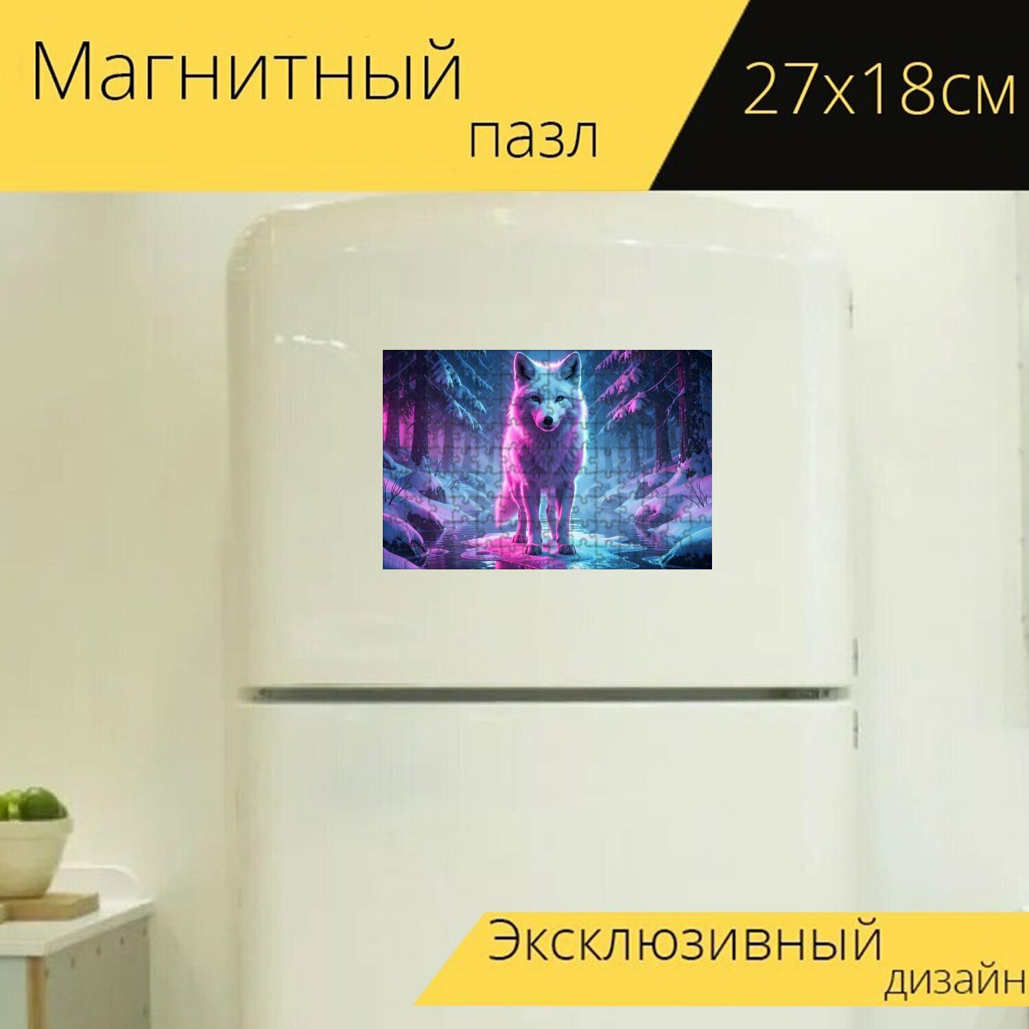 Магнитный пазл "Белый волк в зимнем лесу. Полярный хищник стоит на льдине среди заснеженных елей у лесного ручья. Неоновая цифровая иллюстрация в." на холодильник 27 x 18 см.