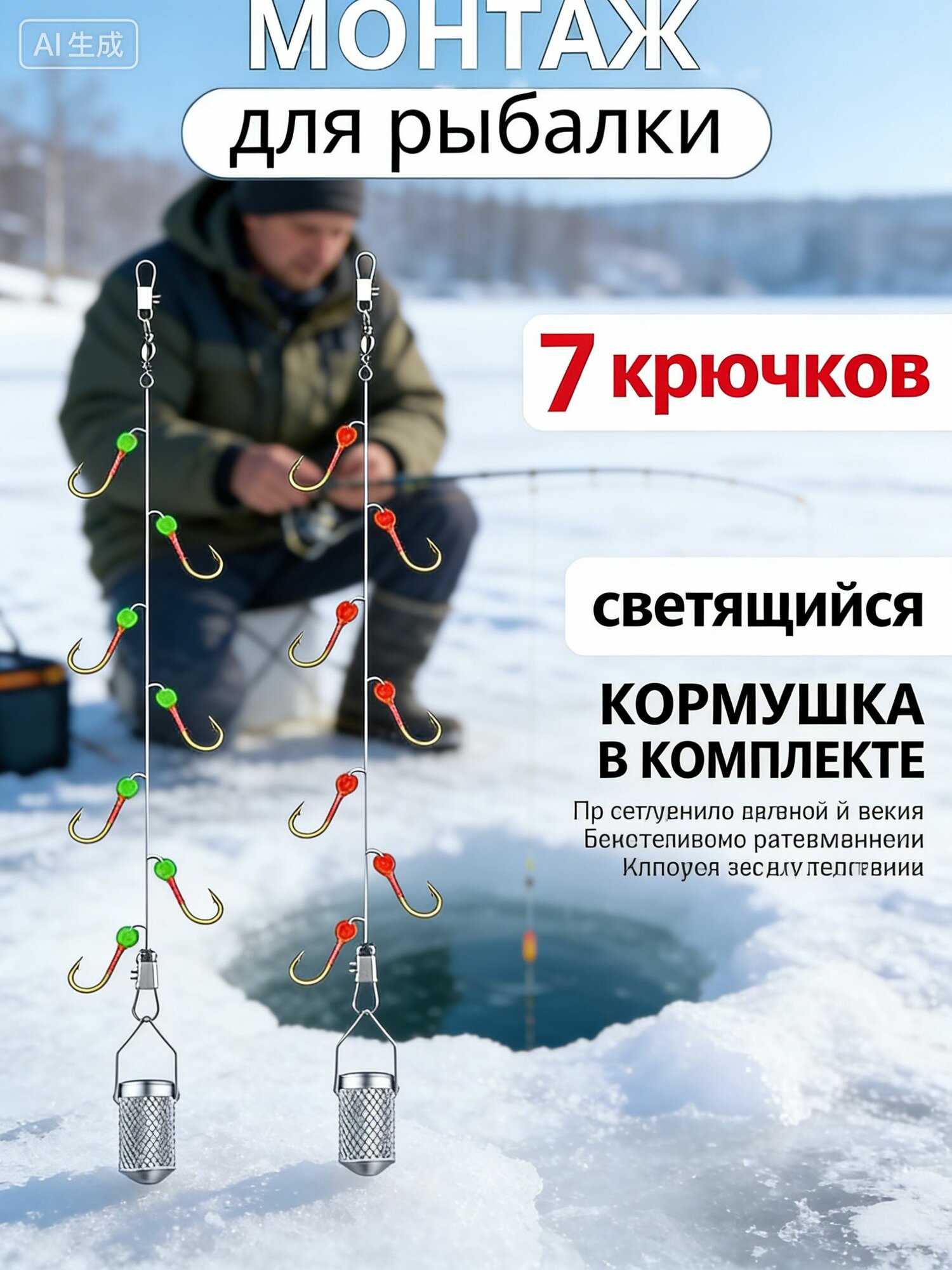 Донная снасть в сборе с металлической кормушкой и 7 крючками для фидера