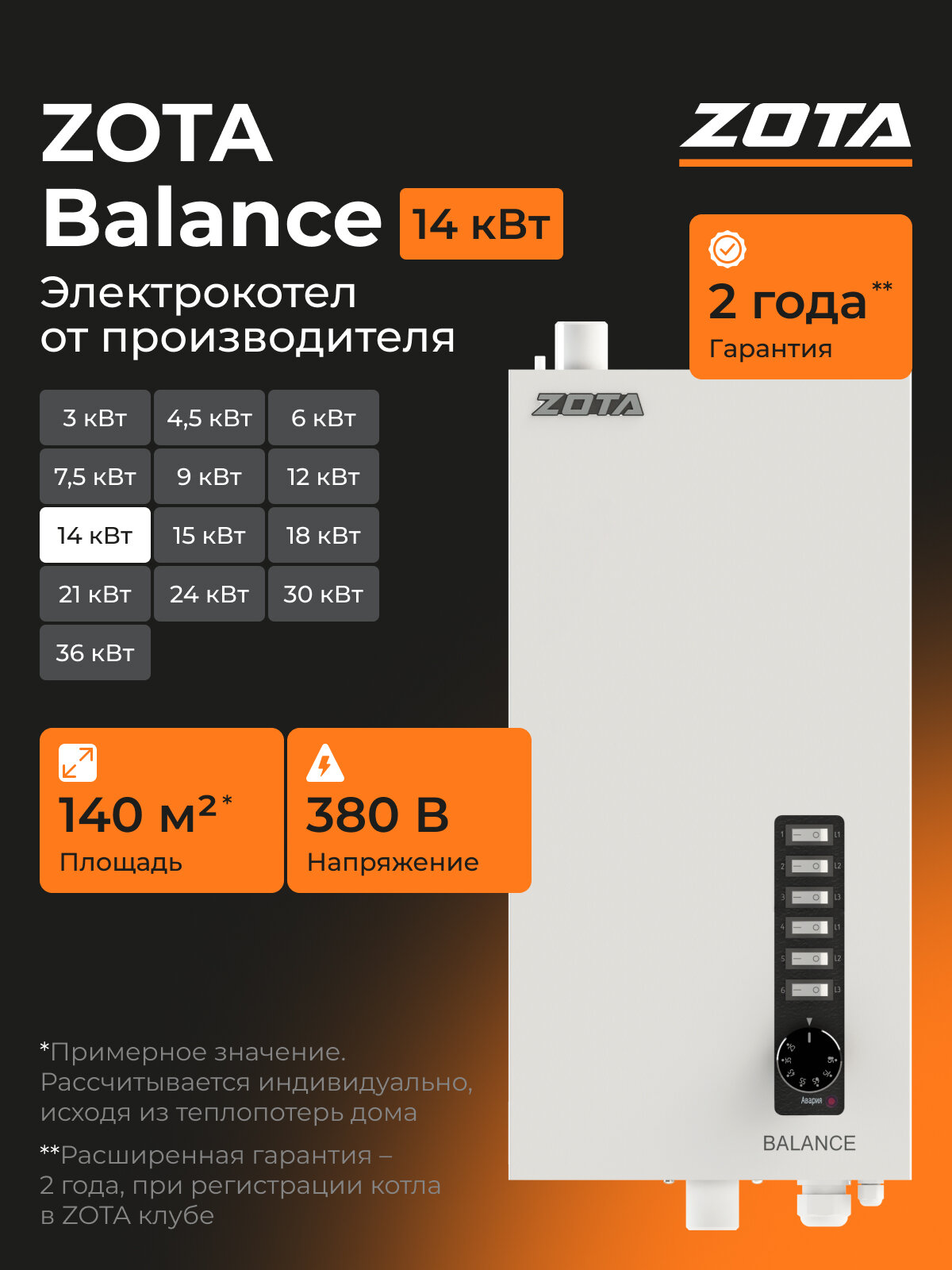 Котел электрический отопления ZOTA Balance V2 14 кВт (до 140 м2) Настенный, одноконтурный электрокотел отопления